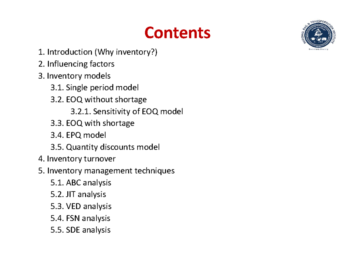 Inventory models - Lecture notes 1 - Contents 1. Introduction (Why ...