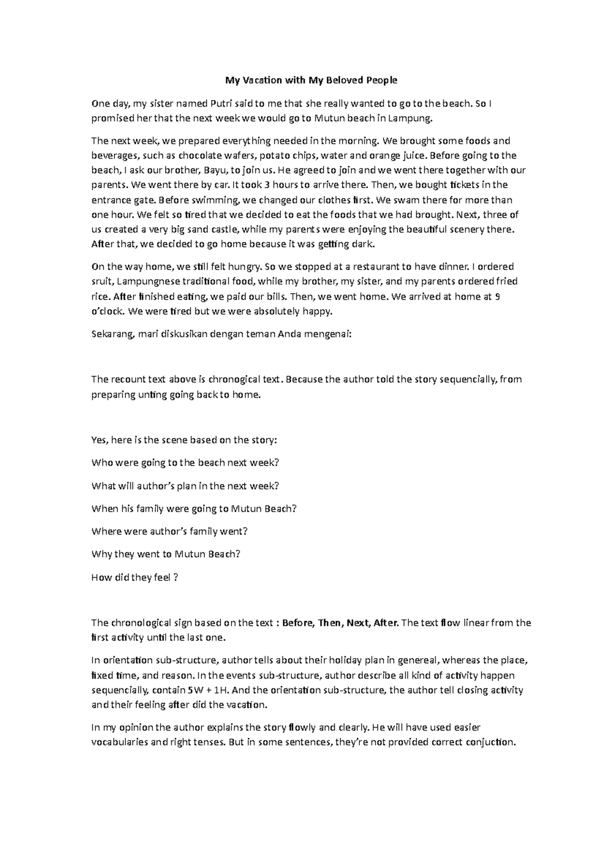Question Based On Recount Text My Vacation With My Beloved People One