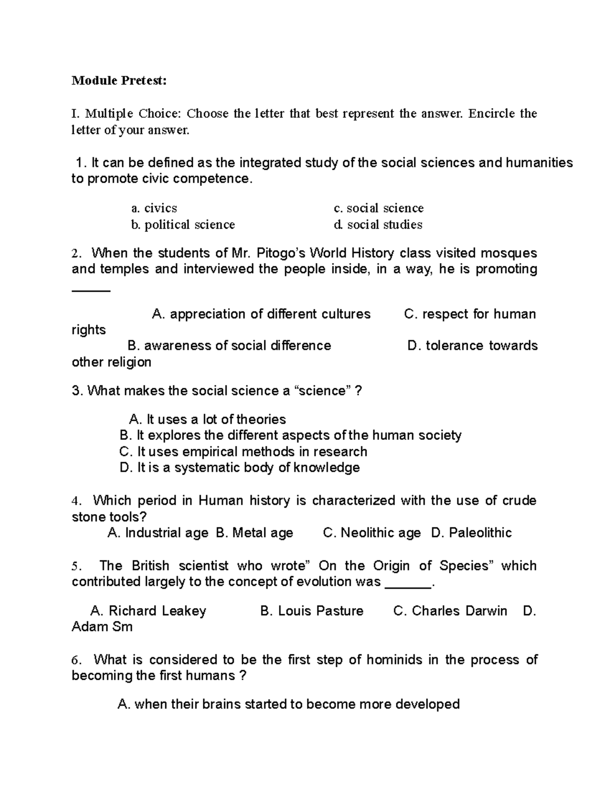World history - Bjmsjd - Module Pretest: I. Multiple Choice: Choose the ...