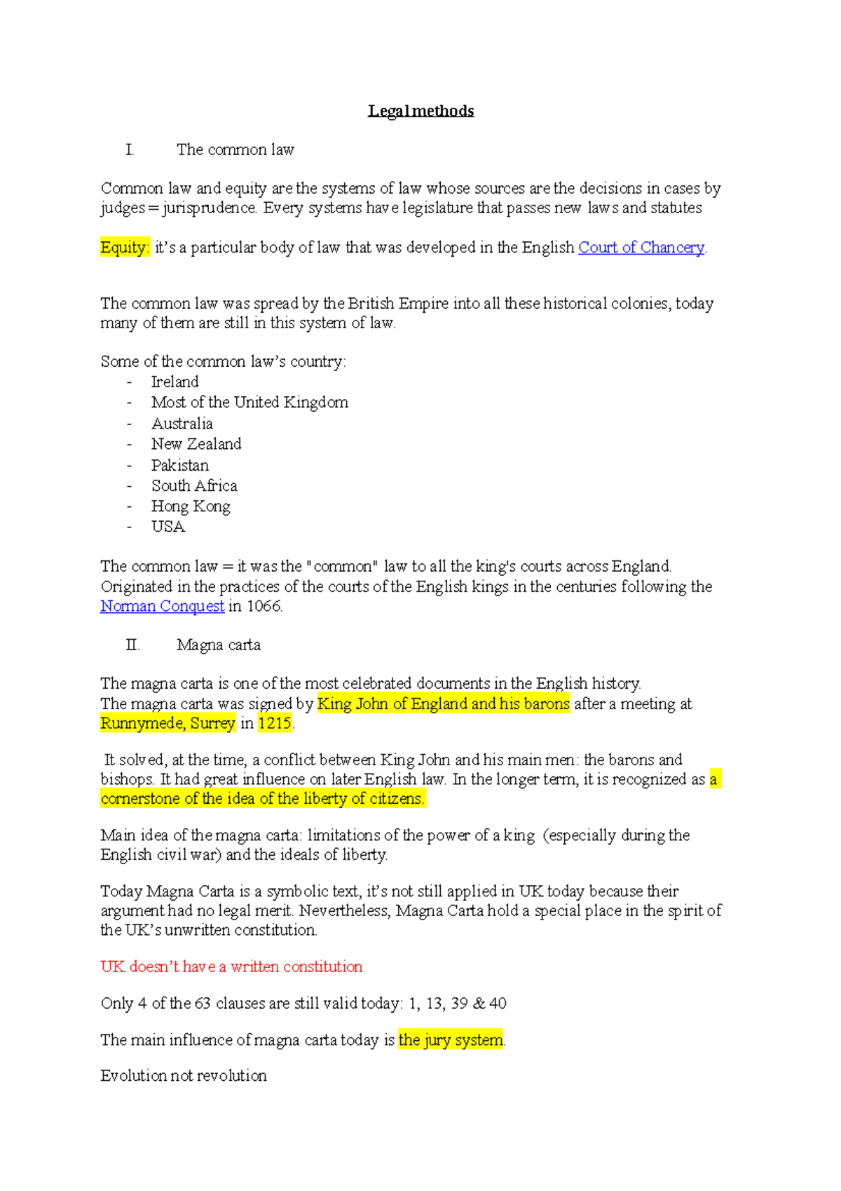 Legal methods - Notes de cours - Legal methods I. The common law Common ...