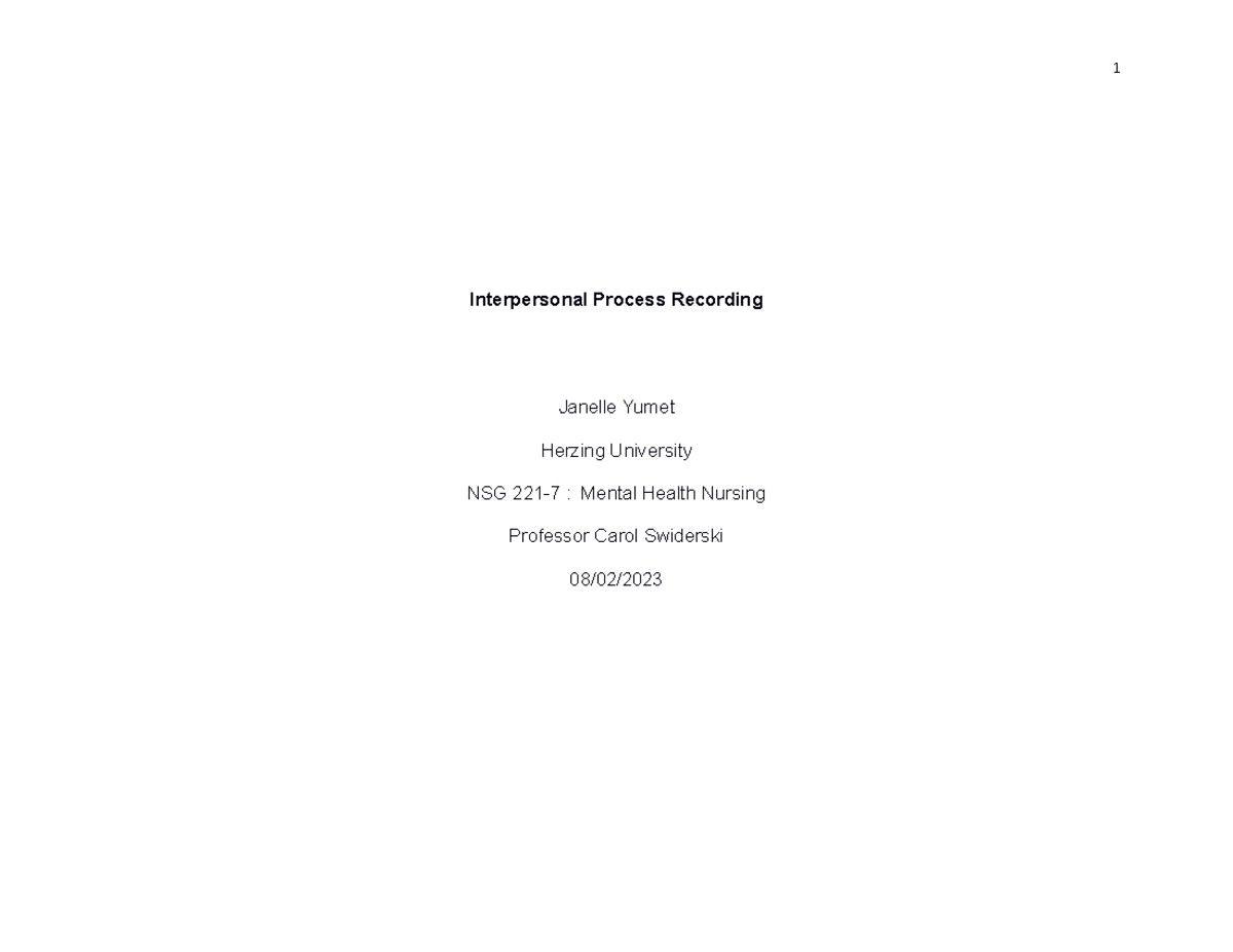 IPR template - clinicals - Interpersonal Process Recording Janelle ...