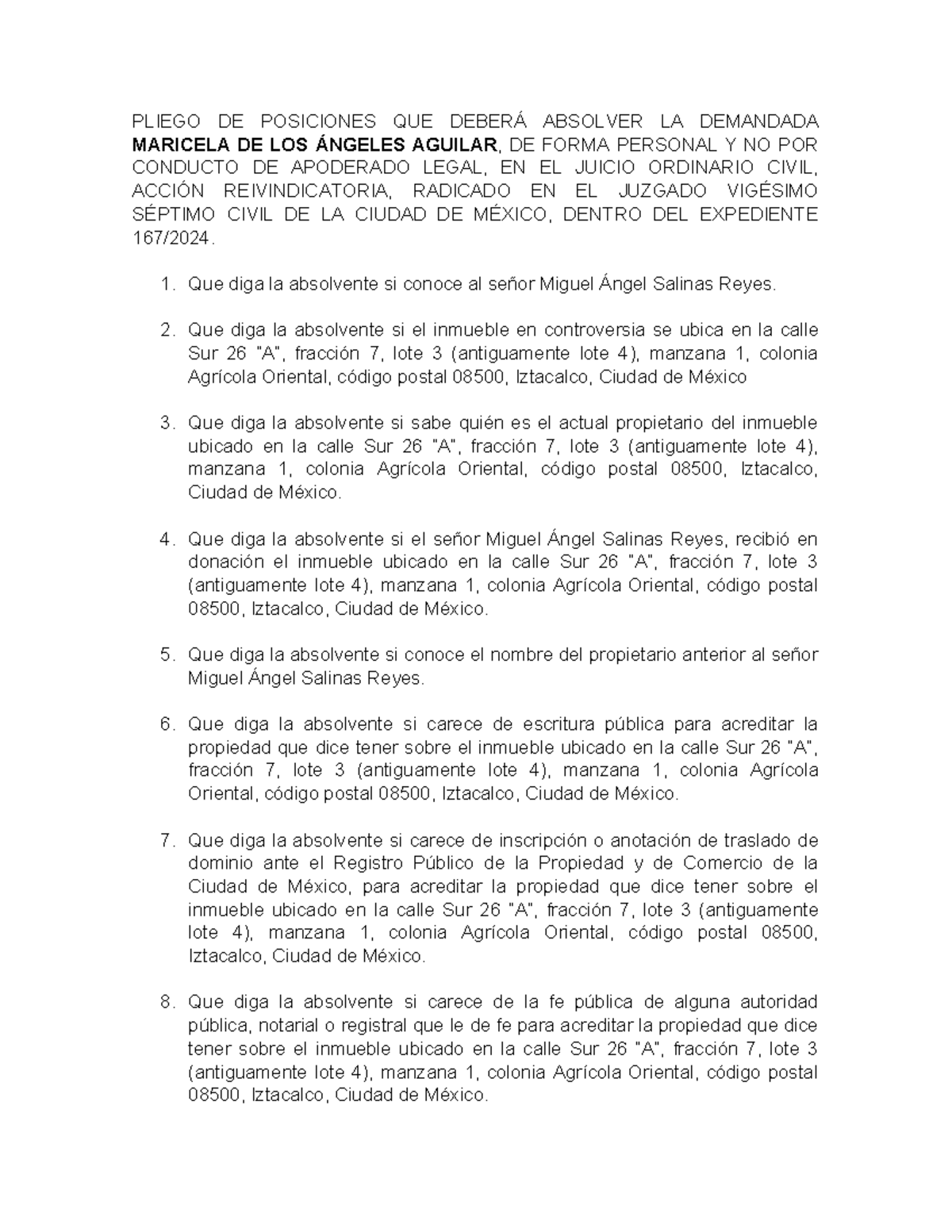 Pliego de posiciones en juicio reivindicatorio - PLIEGO DE POSICIONES QUE DEBERÁ ABSOLVER LA ...