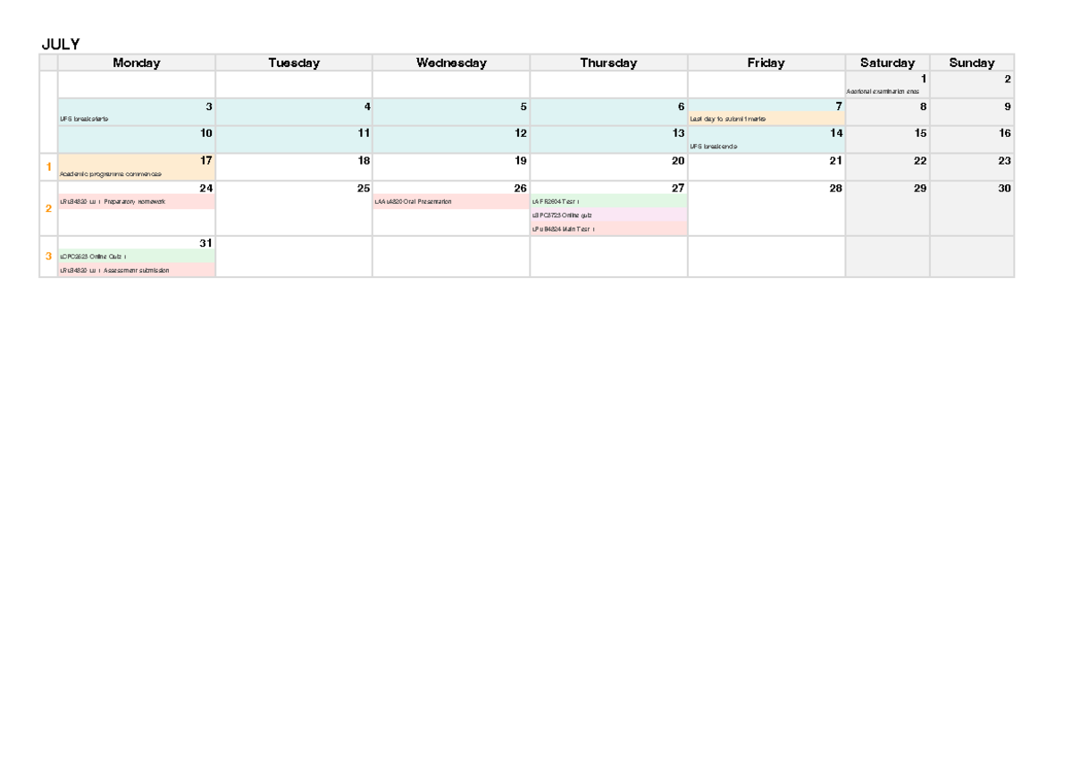 Assessment calendar - Second semester - 2023 - Monday Tuesday Wednesday Thursday Friday Saturday ...