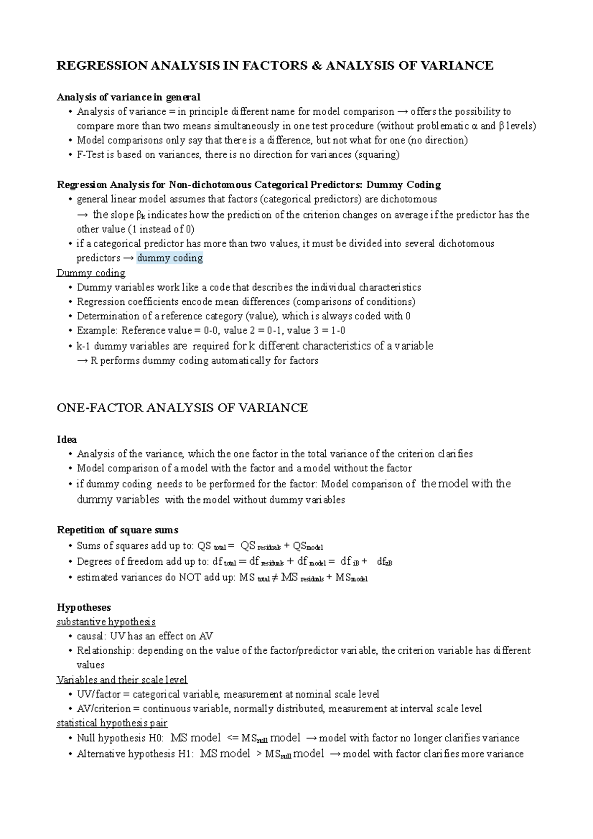 Statistics summary 19: Analysis of variance - REGRESSION ANALYSIS IN FACTORS & ANALYSIS OF - Studocu