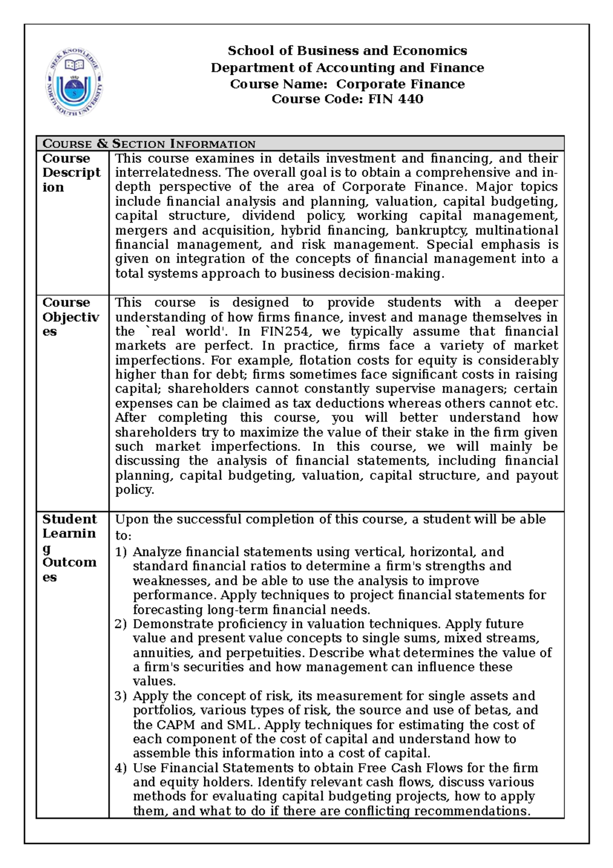 Course outline Fin 440 - School of Business and Economics Department of ...