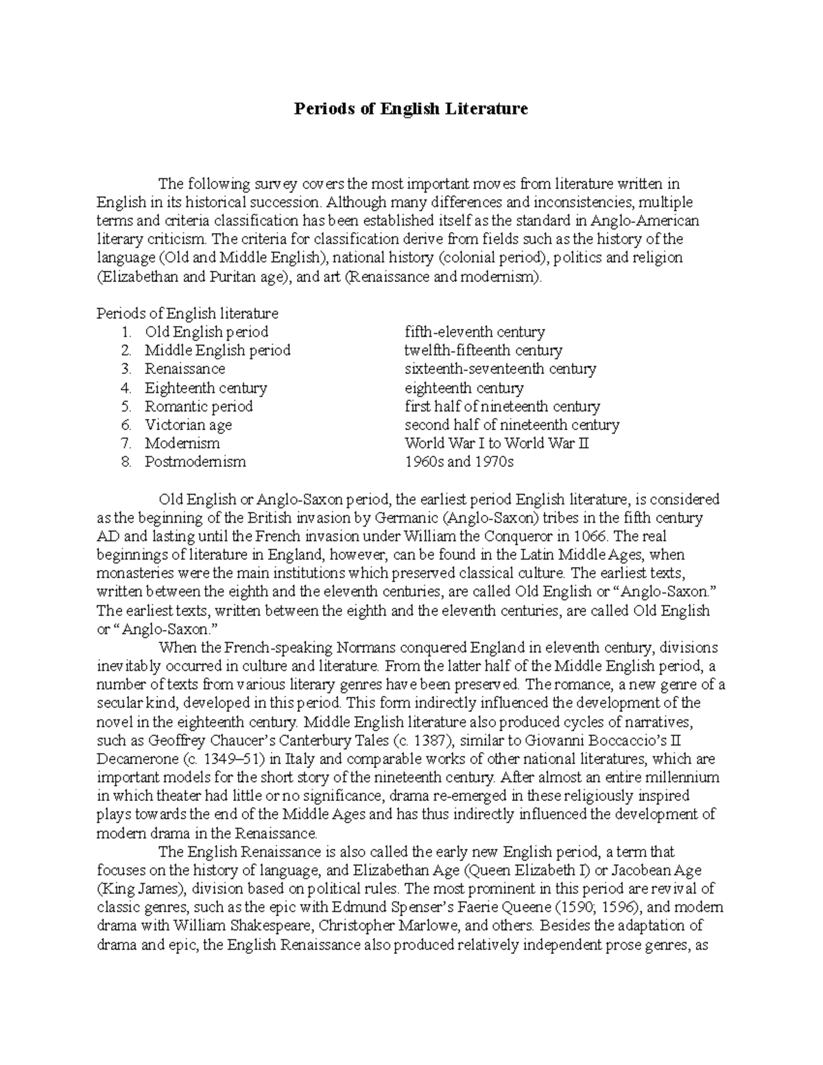 Periods of English Literature - Although many differences and ...