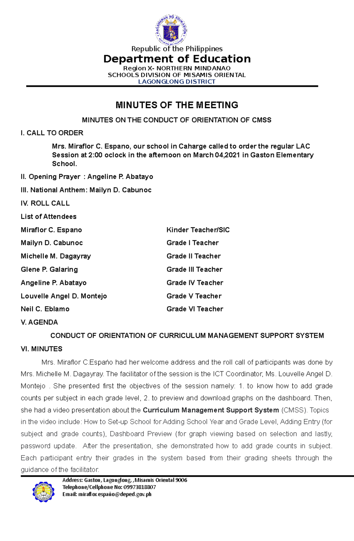 Minutes OF THE Meeting CMSS - Republic of the Philippines Department of ...