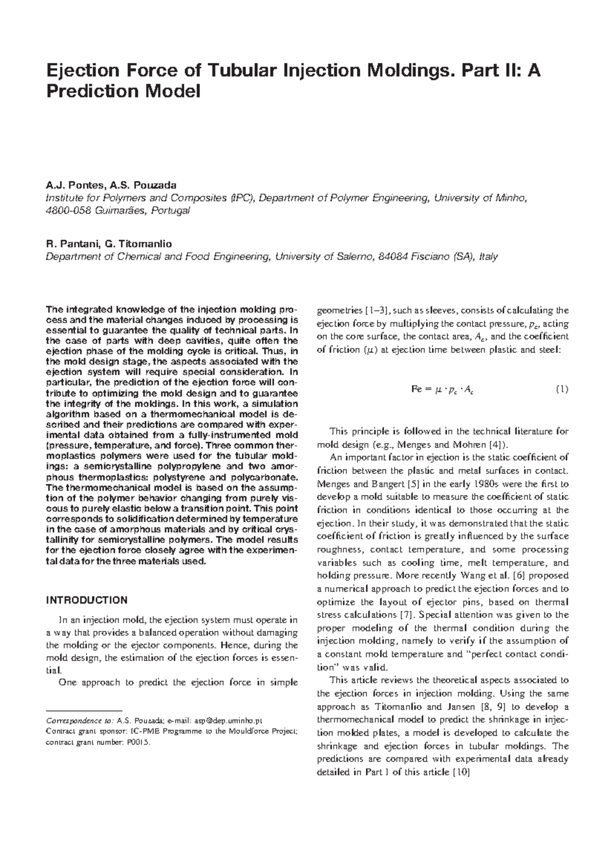 Ejection Force of Tubular Injection Moldings. Part II- A Prediction ...