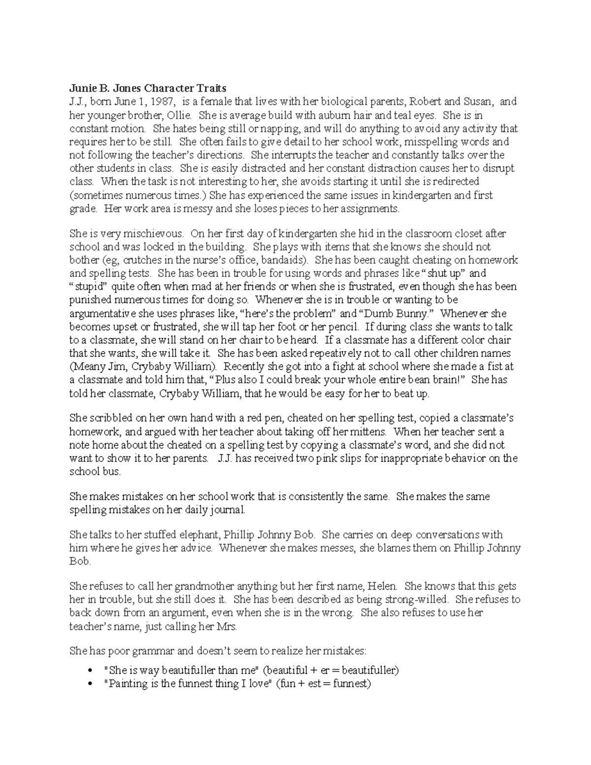Junie B Case Description - Junie B. Jones Character Traits J., born ...