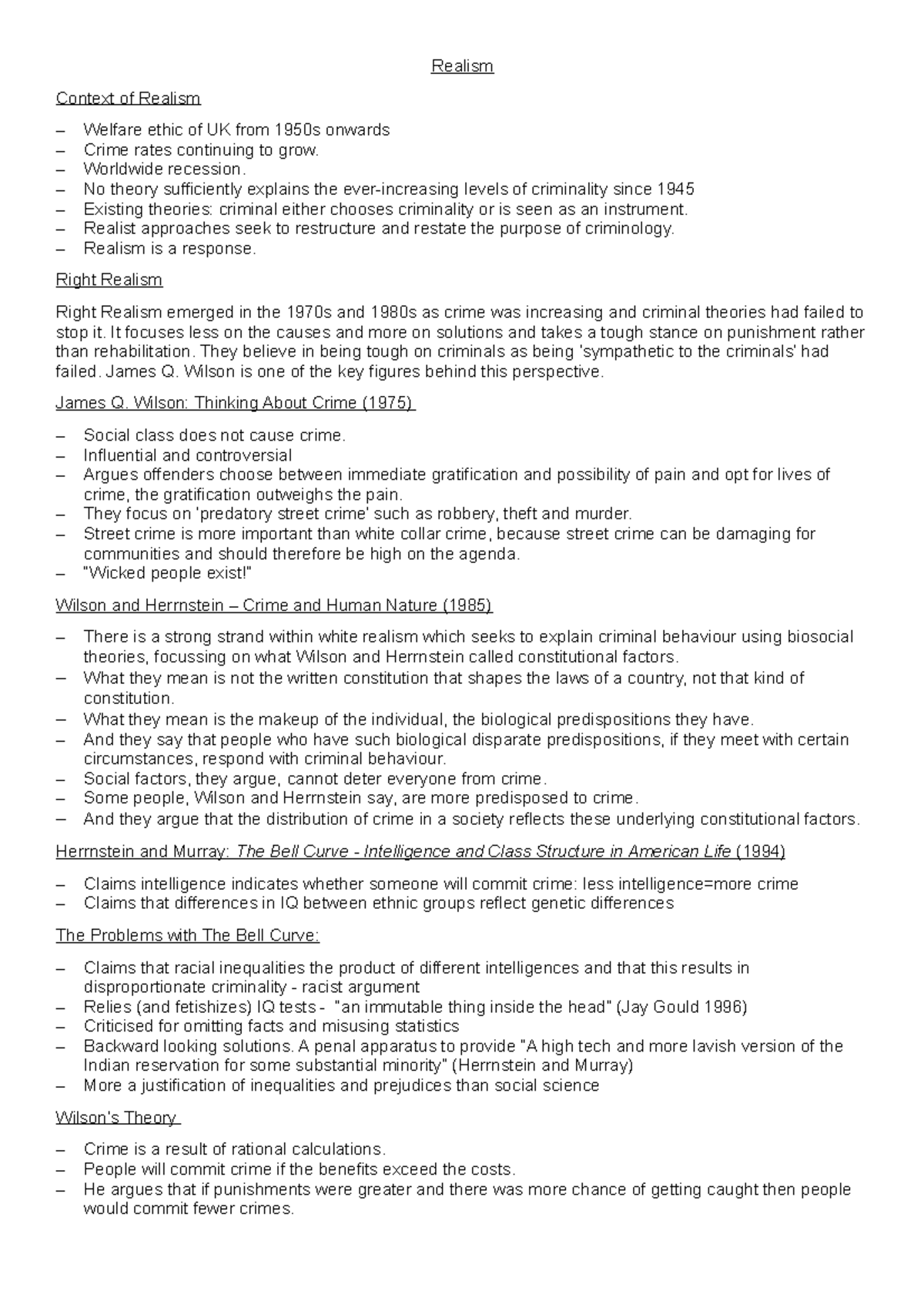 Realism - 1st Year Module - Realism Context of Realism Welfare ethic of ...