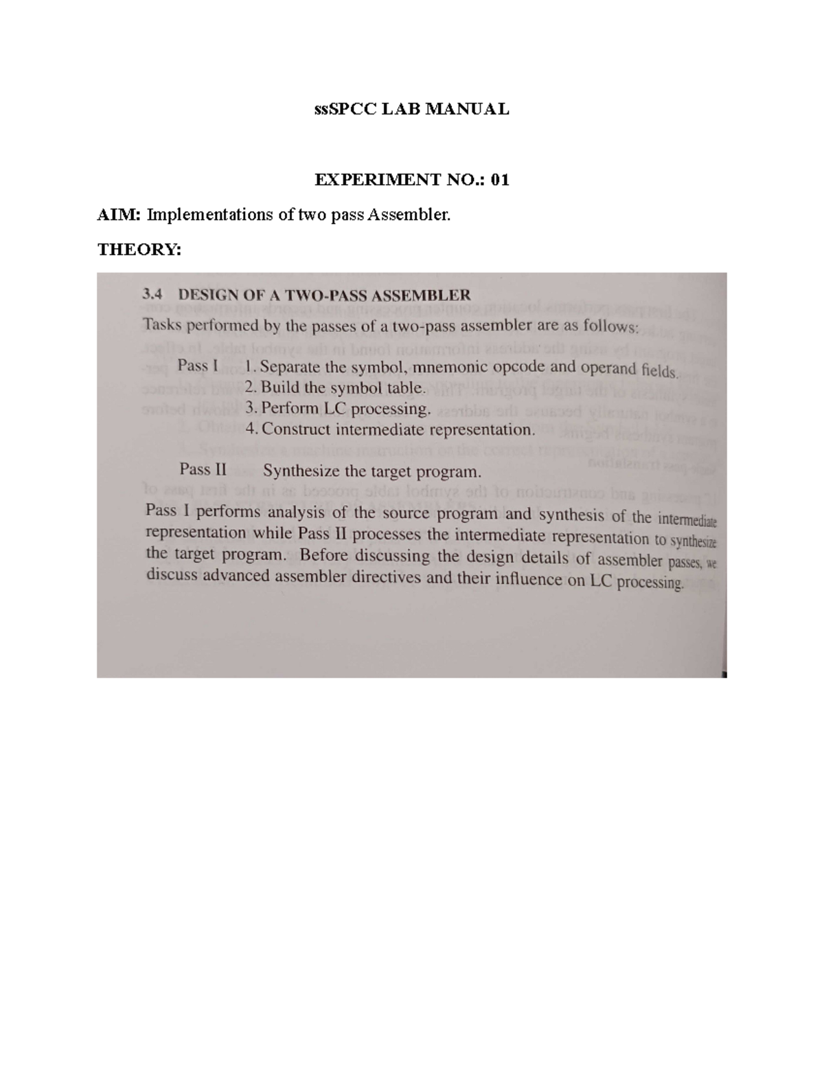 SPCC LAB Manual - ssSPCC LAB MANUAL EXPERIMENT NO.: 01 AIM: Implementations of two pass ...
