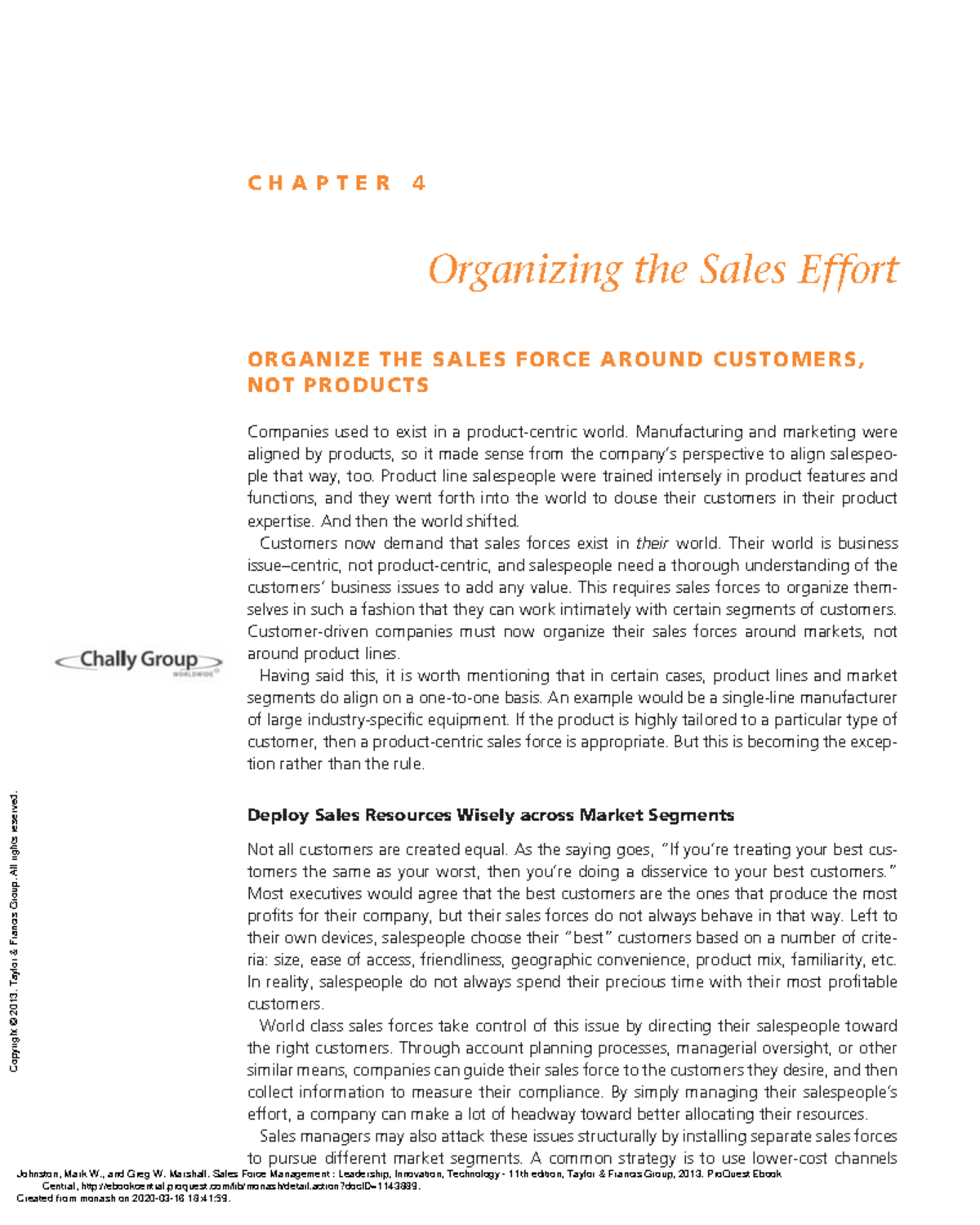Week 10 - notes - C H A P T E R 4 Organizing the Sales Effort ORGANIZE ...