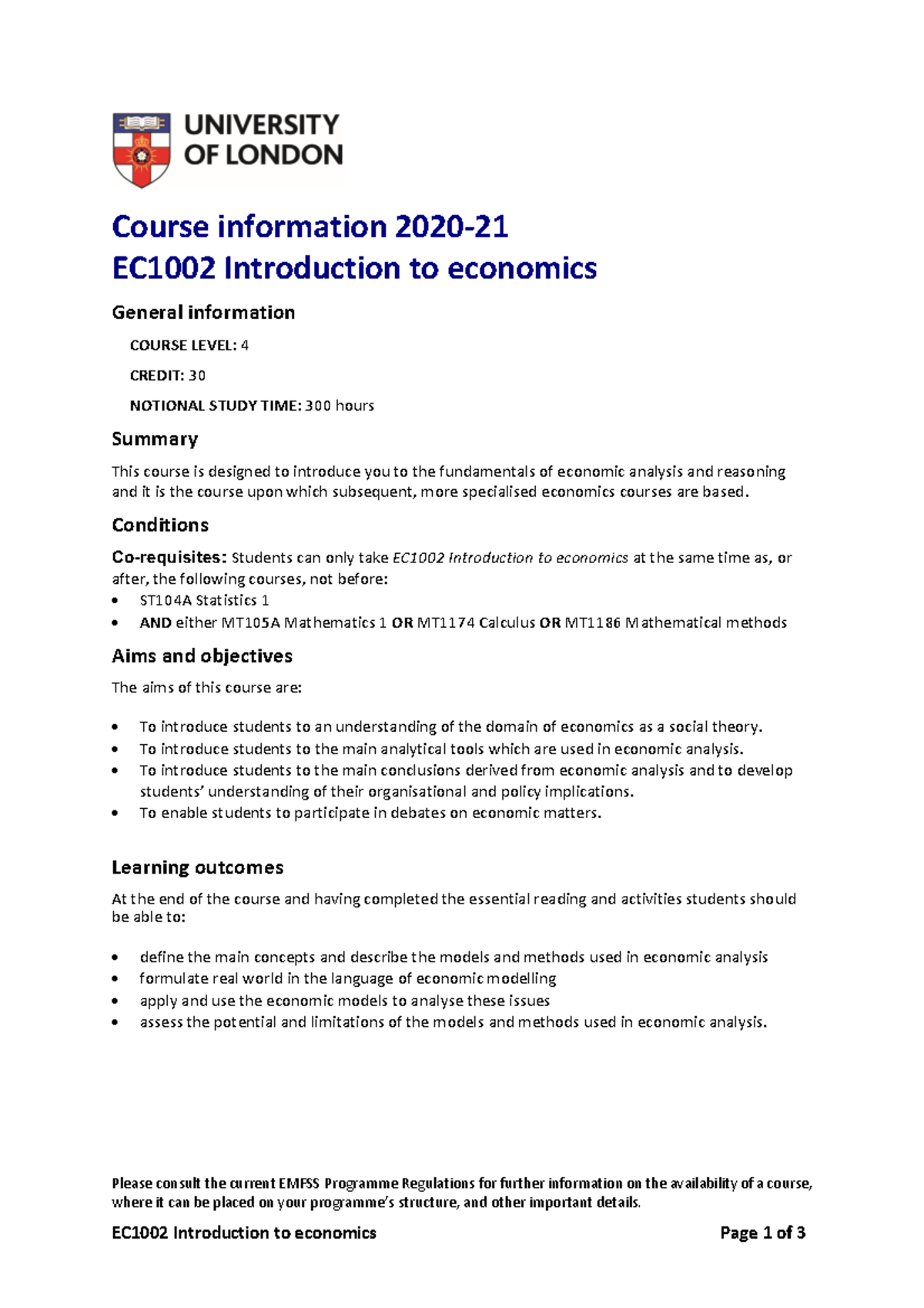 EC1002 - Dip into econs! - Please consult the current EMFSS Programme ...