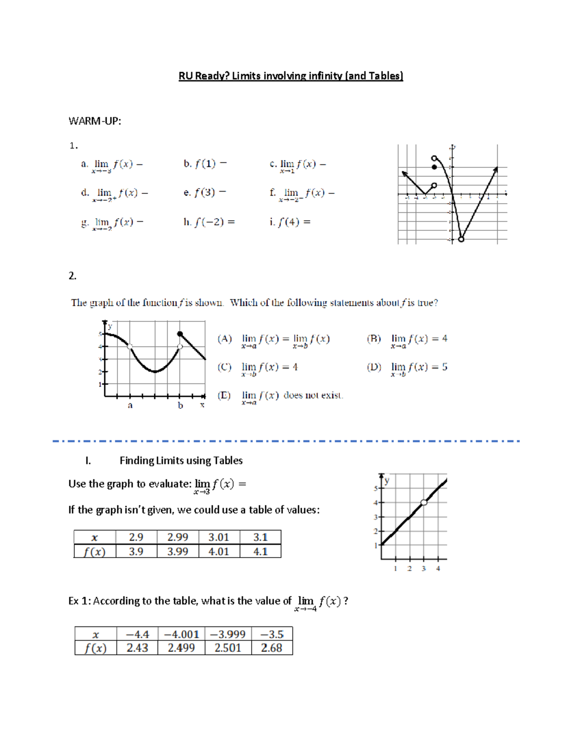 Limits (2) Guided Notes - RU Ready? Limits involving infinity (and ...