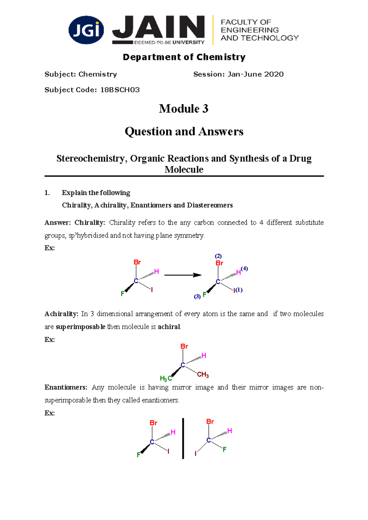 Module 3 Question and Answers Stereochemistry, Organic Reactions and ...