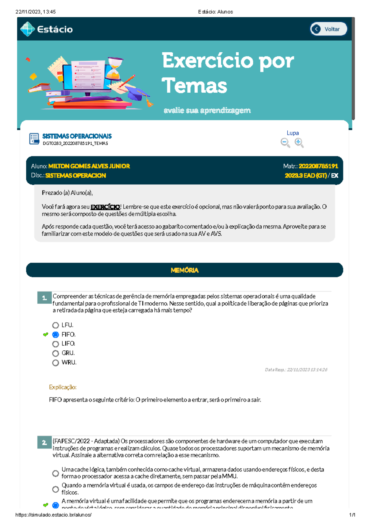 exercio sitemas oprecionas - 22/11/2023, 13:45 Estácio: Alunos simulado.estacio/alunos/ 1 ...