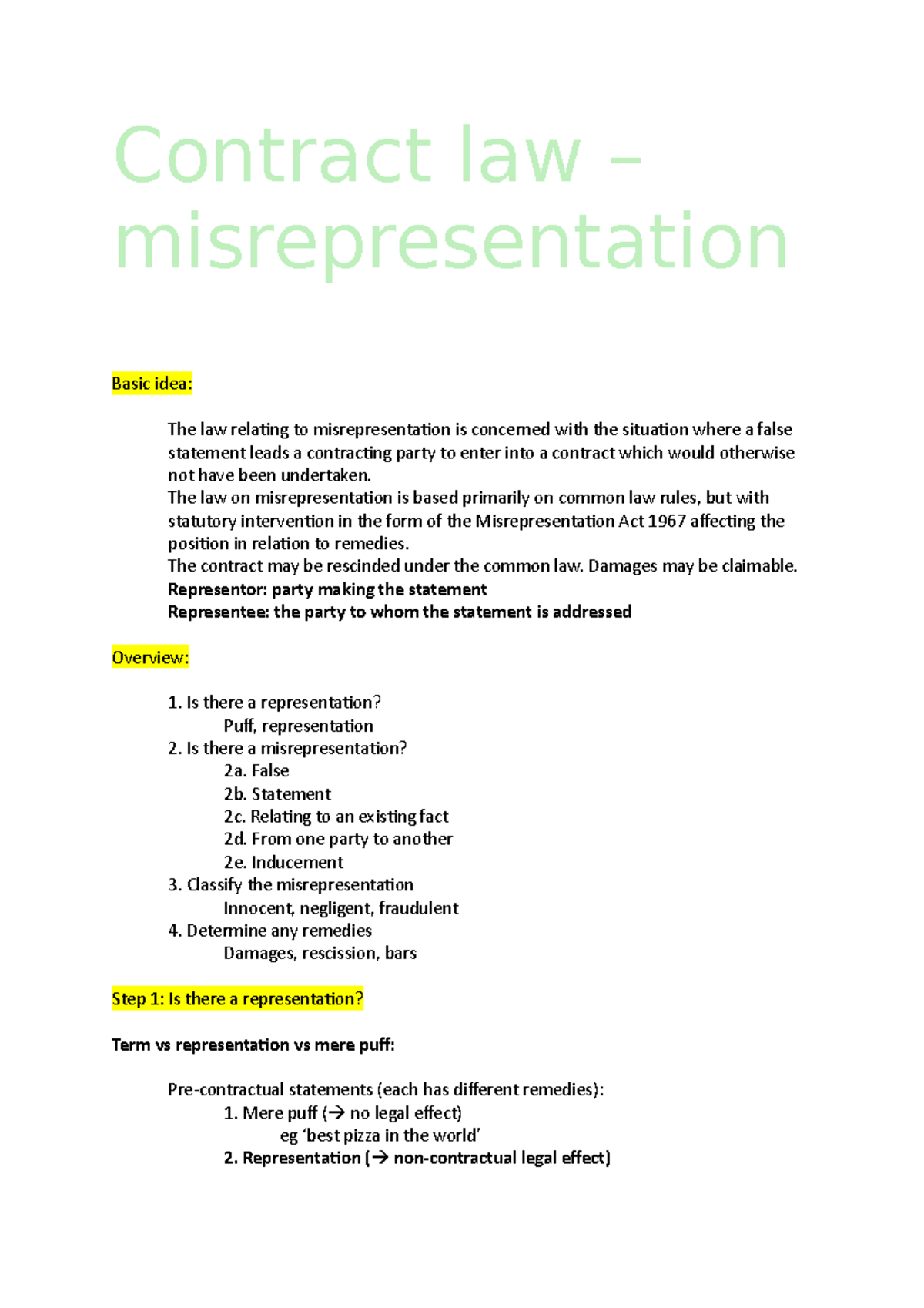 Contract law - misrepresentation - Contract law – misrepresentation ...