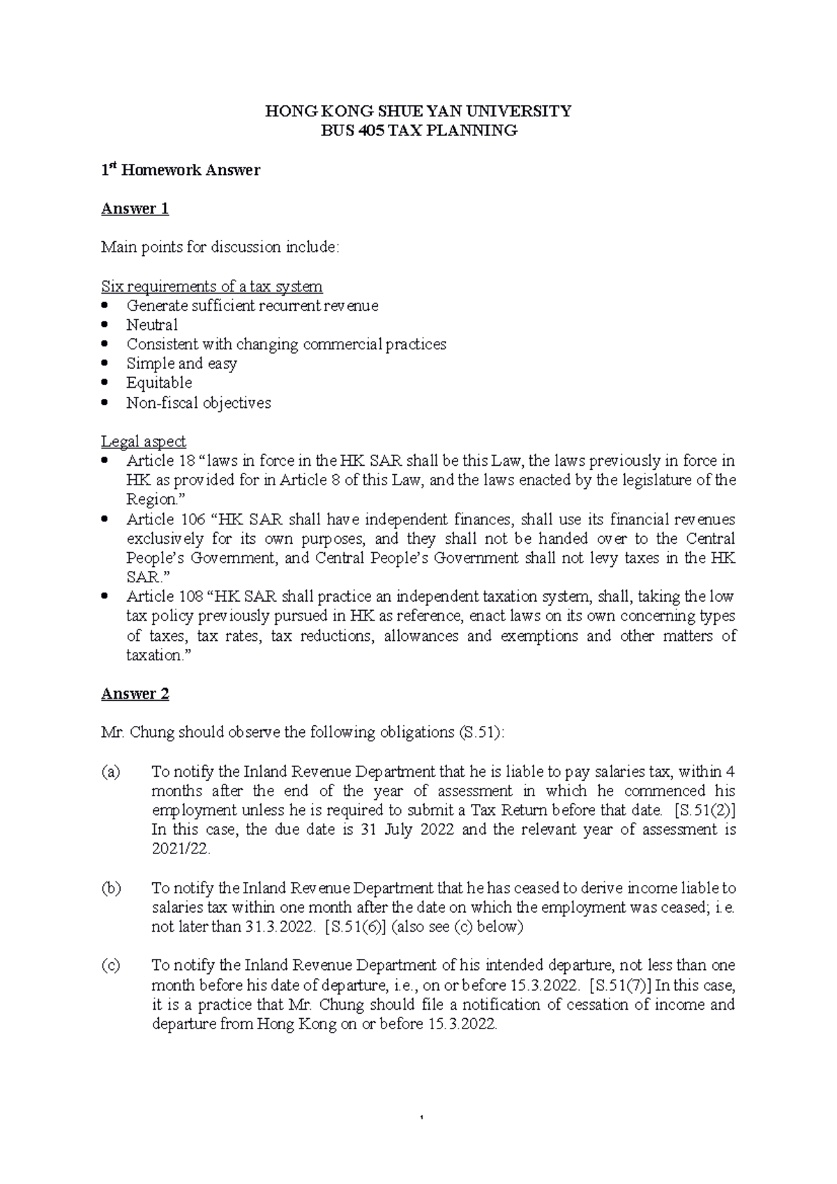 HW1 Ans - Exercise - HONG KONG SHUE YAN UNIVERSITY BUS 405 TAX PLANNING ...