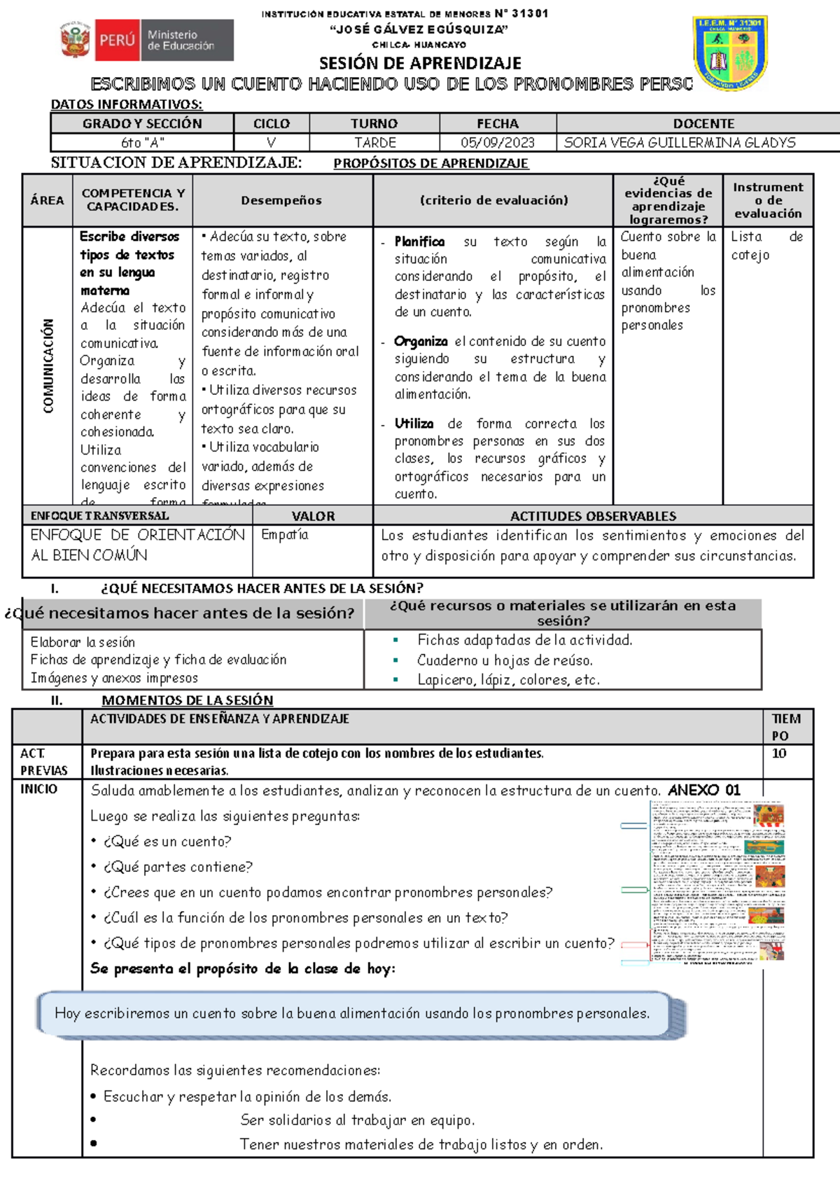 S.A. 05 - 09 - Comunicación - SESIÓN DE APRENDIZAJE ESCRIBIMOS UN CUENTO HACIENDO USO DE LOS ...
