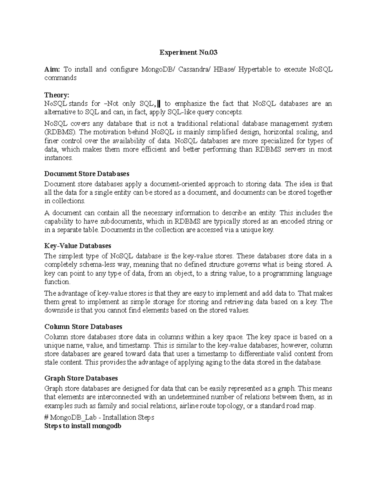 Experiment No3 - Aim: To install and configure MongoDB/ Cassandra/ HBase/ Hypertable to execute ...