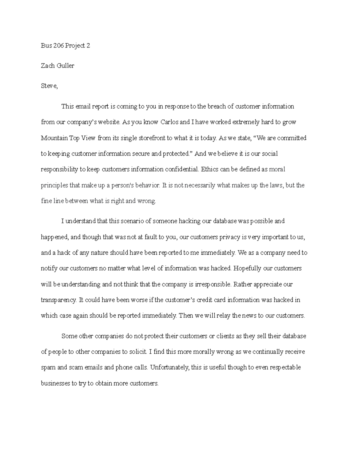 Bus 206 Project 2 - Bus 206 Project 2 Zach Guller Steve, This email ...