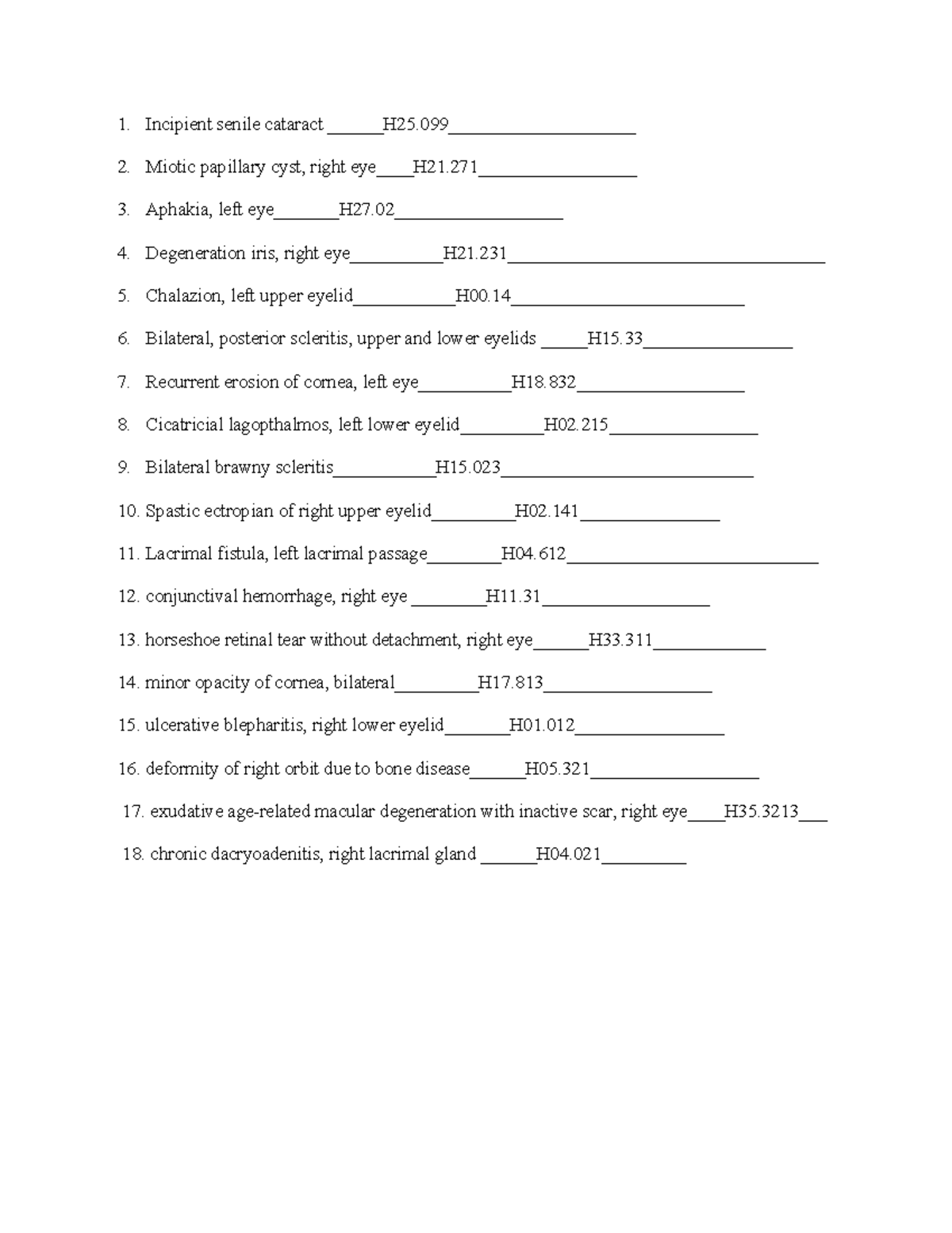 ICD- 10 - EYE worksheet - Incipient senile cataract H25 ...