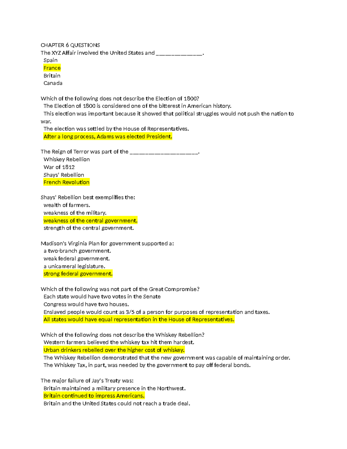 quiz questions for test - CHAPTER 6 QUESTIONS The XYZ Affair involved ...