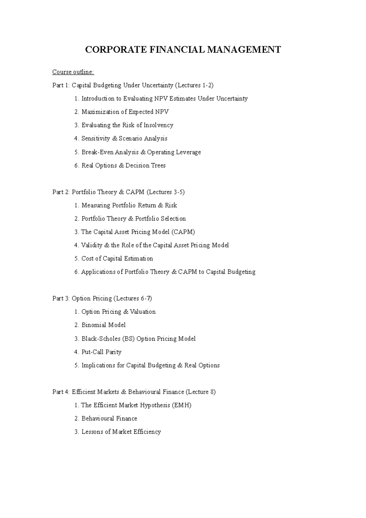 Corporate fiancial management - CORPORATE FINANCIAL MANAGEMENT Course ...