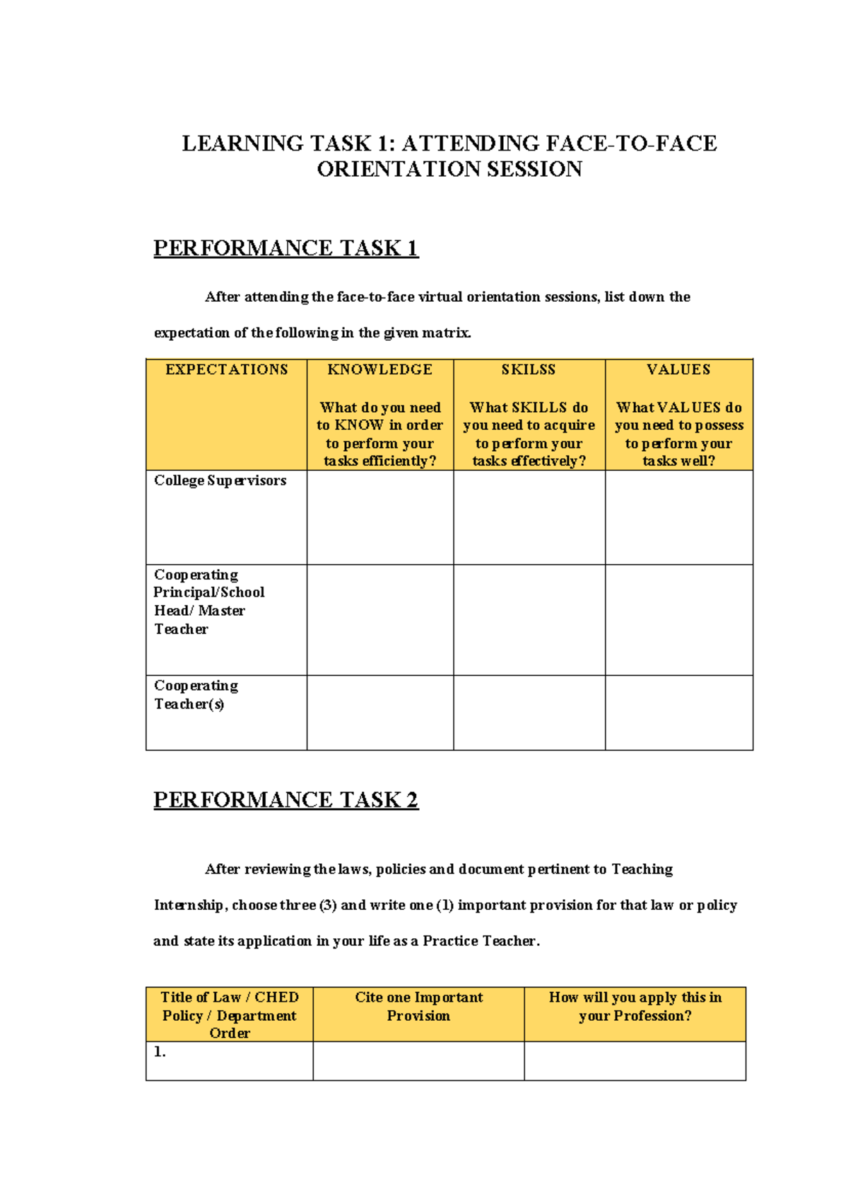 Compile- Porfolio - LEARNING TASK 1: ATTENDING FACE-TO-FACE ORIENTATION SESSION PERFORMANCE TASK ...