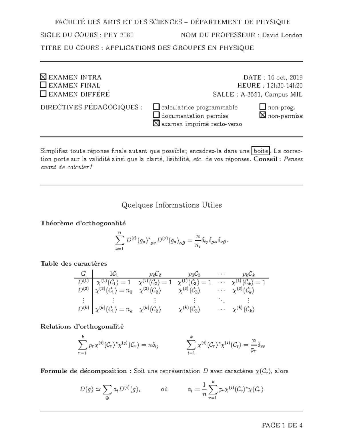 Intra PHY 3080 2019-2020 - FACULT ́E DES ARTS ET DES SCIENCES – D ́EPARTEMENT DE PHYSIQUE SIGLE ...