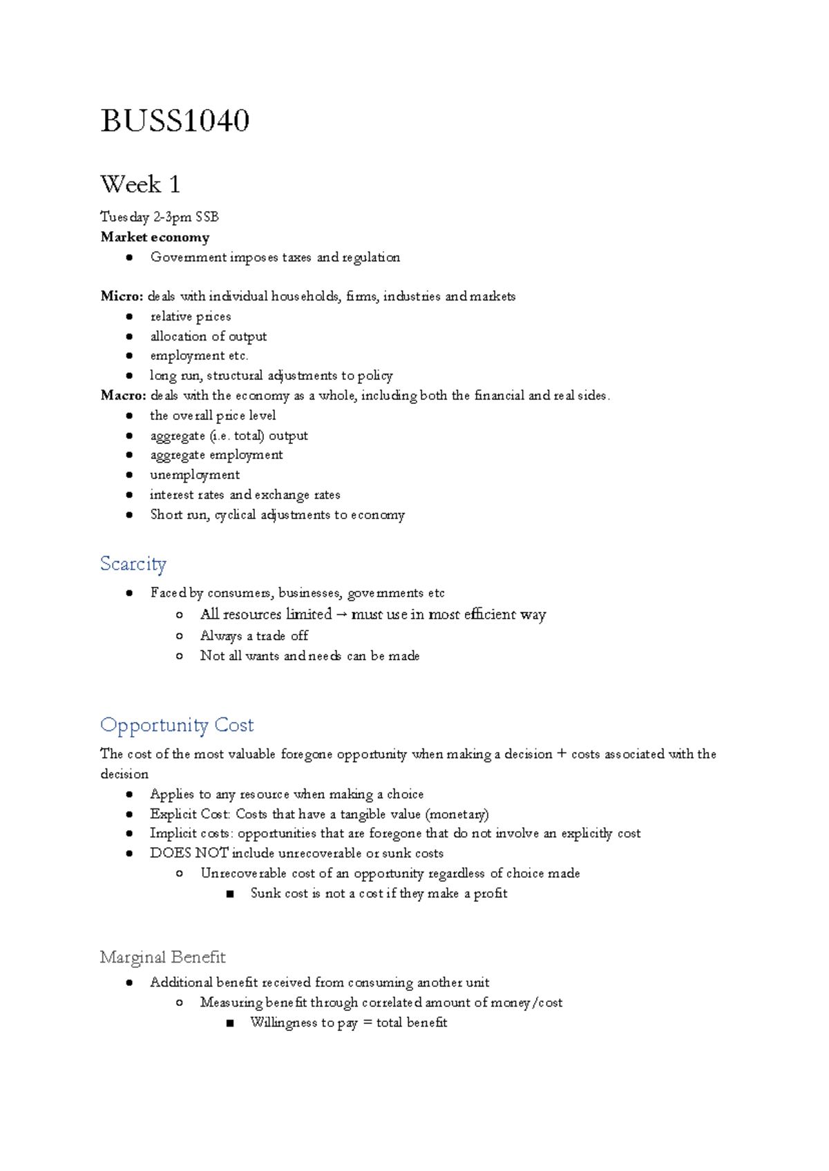 BUSS1040 - BUSS Week 1 Tuesday 2-3pm SSB Market economy Government imposes taxes and regulation ...