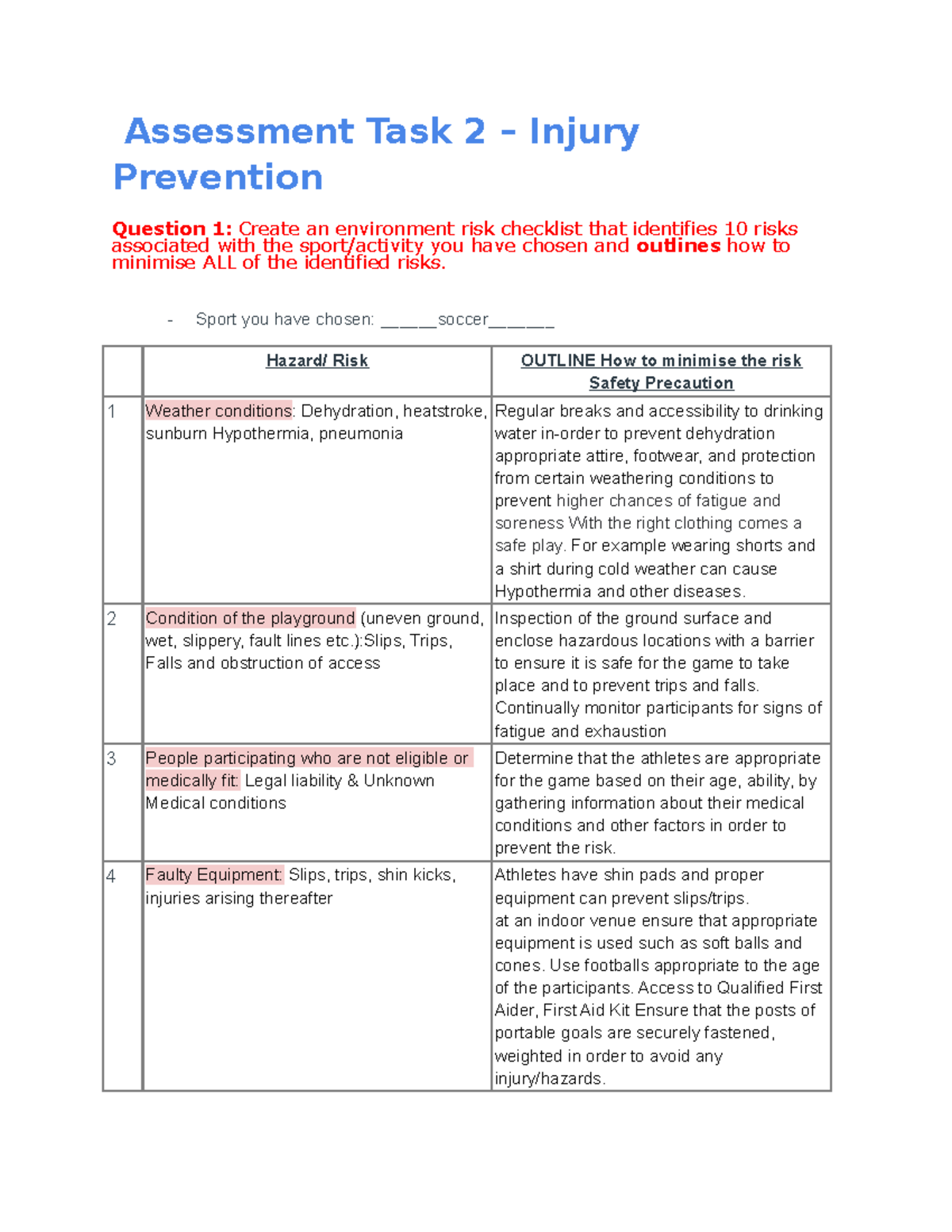 Assessment Task 2 – Injury Prevention - Assessment Task 2 – Injury ...