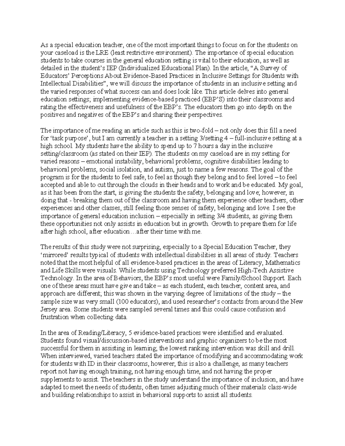 HW Task1 - Synopsis of Journal Article - As a special education teacher ...