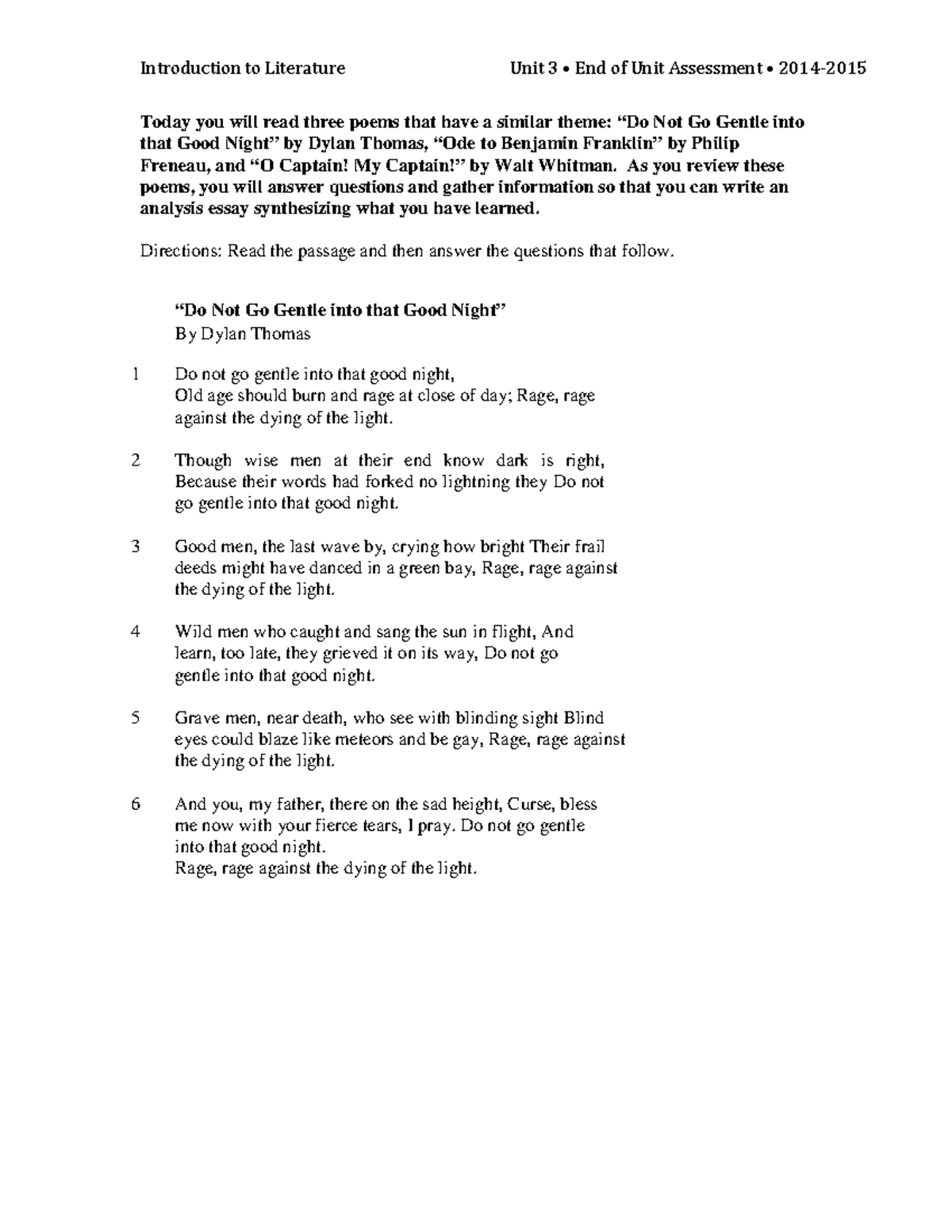 Poetry Endof Unit Assessment-1 - Today you will read three poems that ...