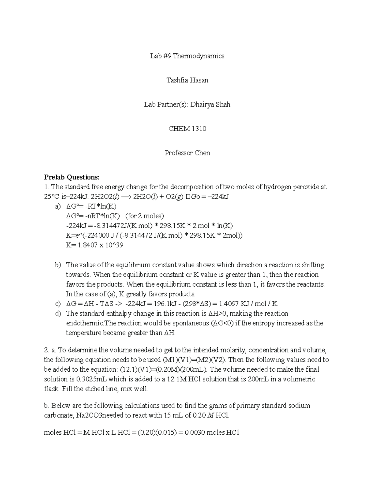 Lab #9 Thermodynamics - lab report - Lab #9 Thermodynamics Tashfia ...