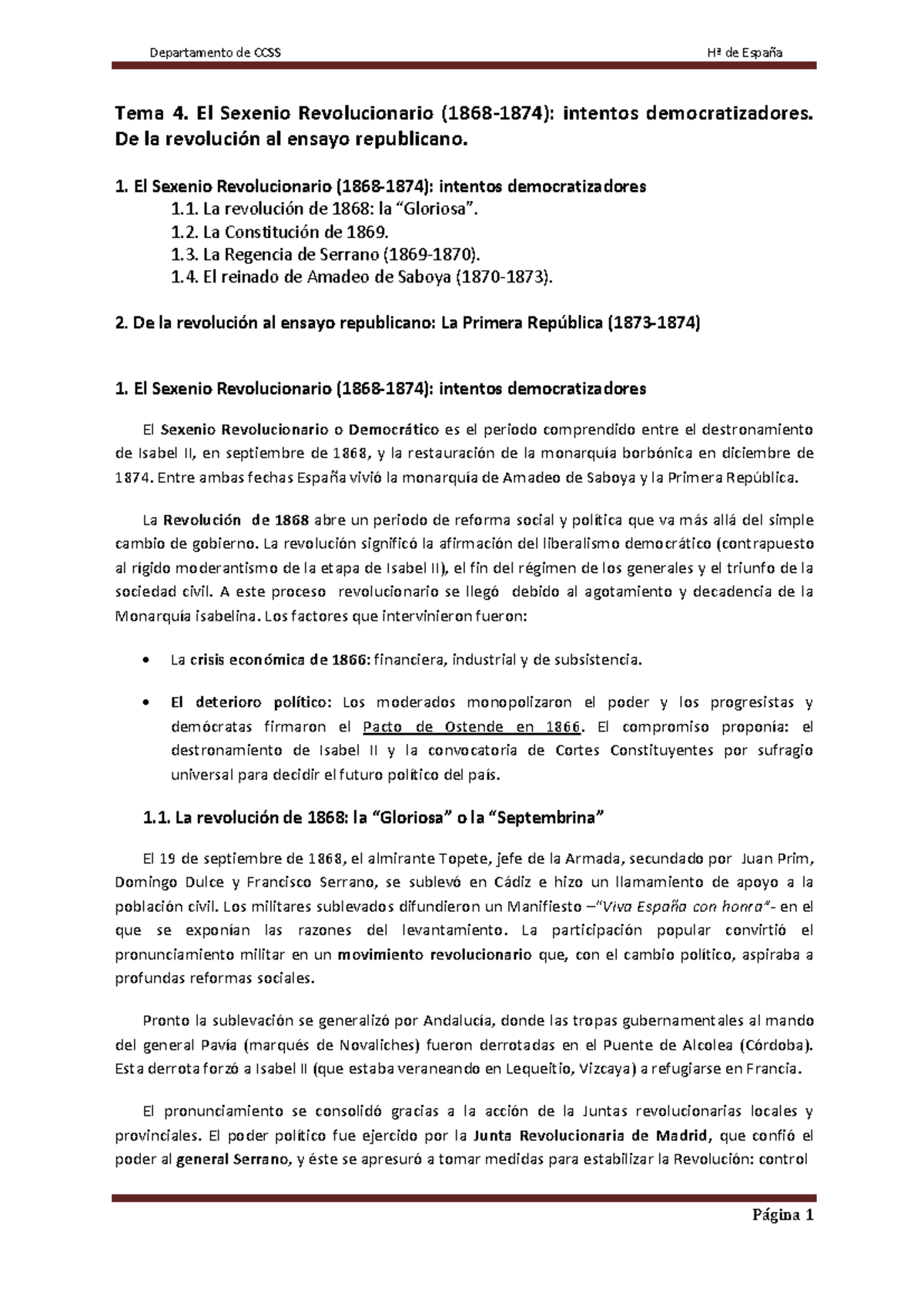 Tema 4.El Sexenio Revolucionario - Tema 4. El Sexenio Revolucionario (1868-1874): intentos - Studocu
