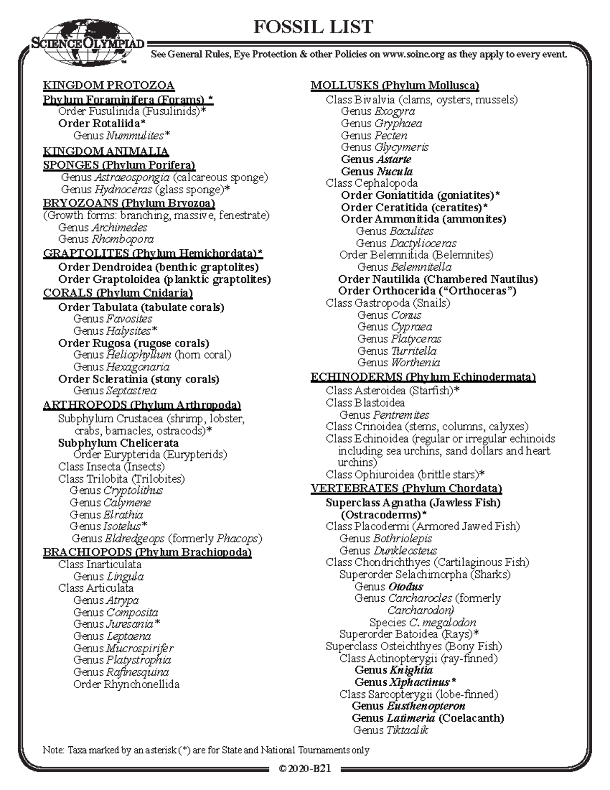 2020 Fossil List - See General Rules, Eye Protection & other Policies ...