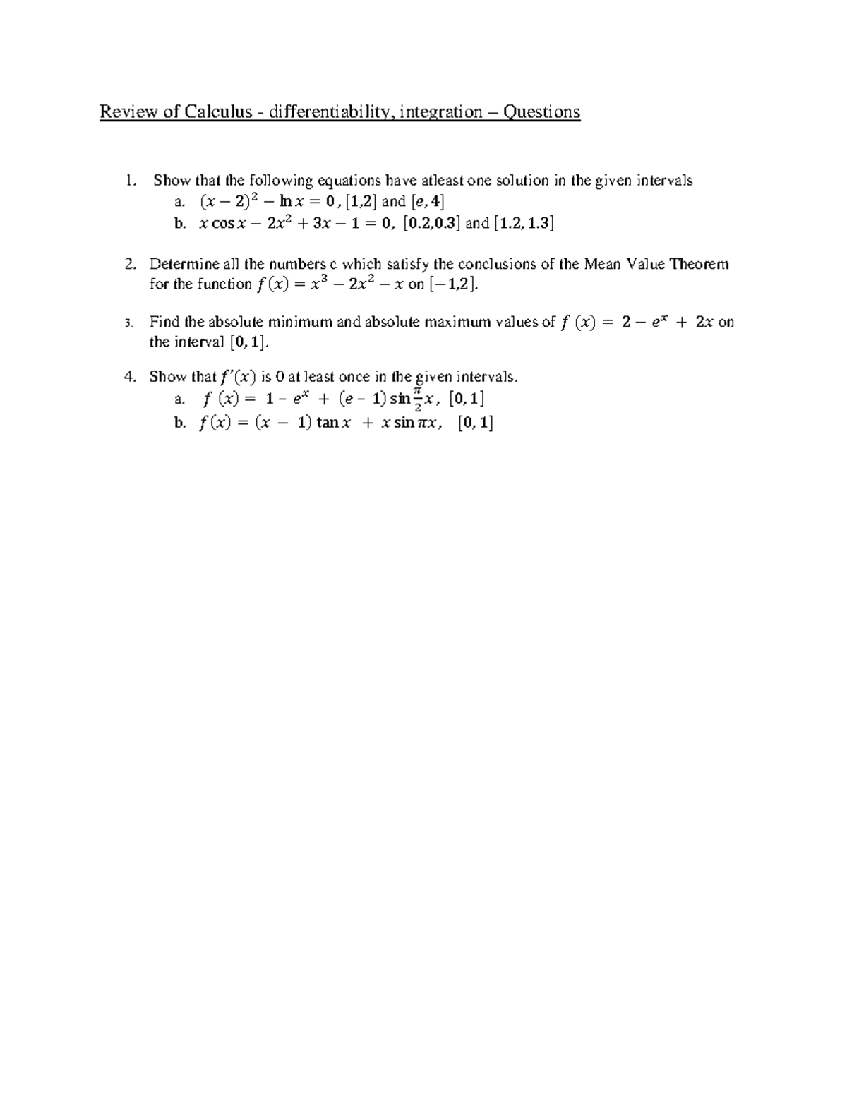 1-Review of Calculus - differentiability, integration – Questions - (𝑥 ...