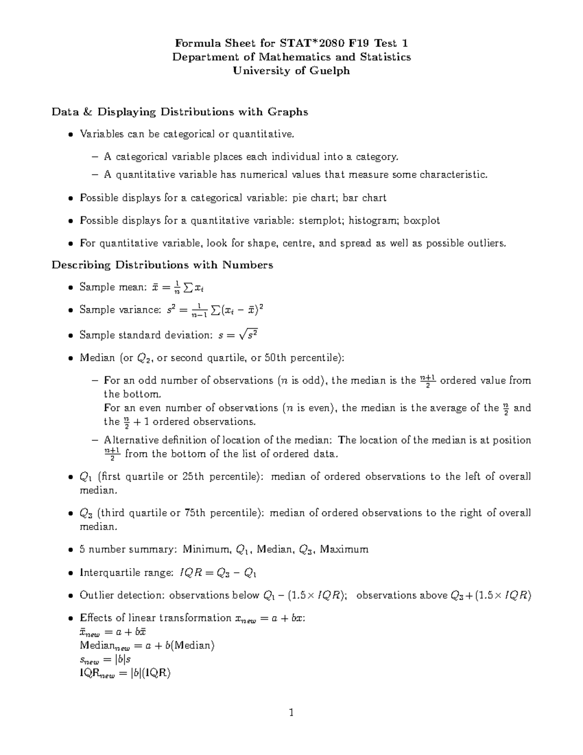 STAT2080 Formula Sheet Final Exam F19 Formula Sheet For STAT 2080 F19