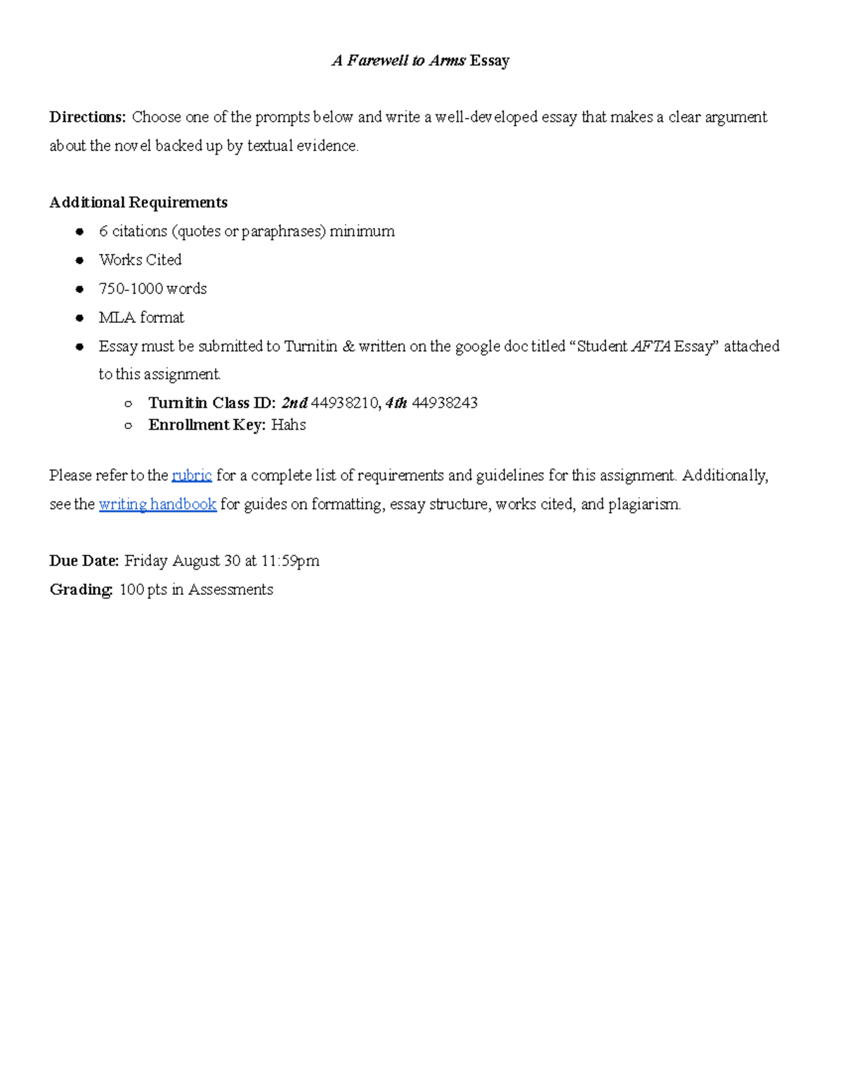 AFTA Essay - sdfsdf - A Farewell to Arms Essay Directions: Choose one ...