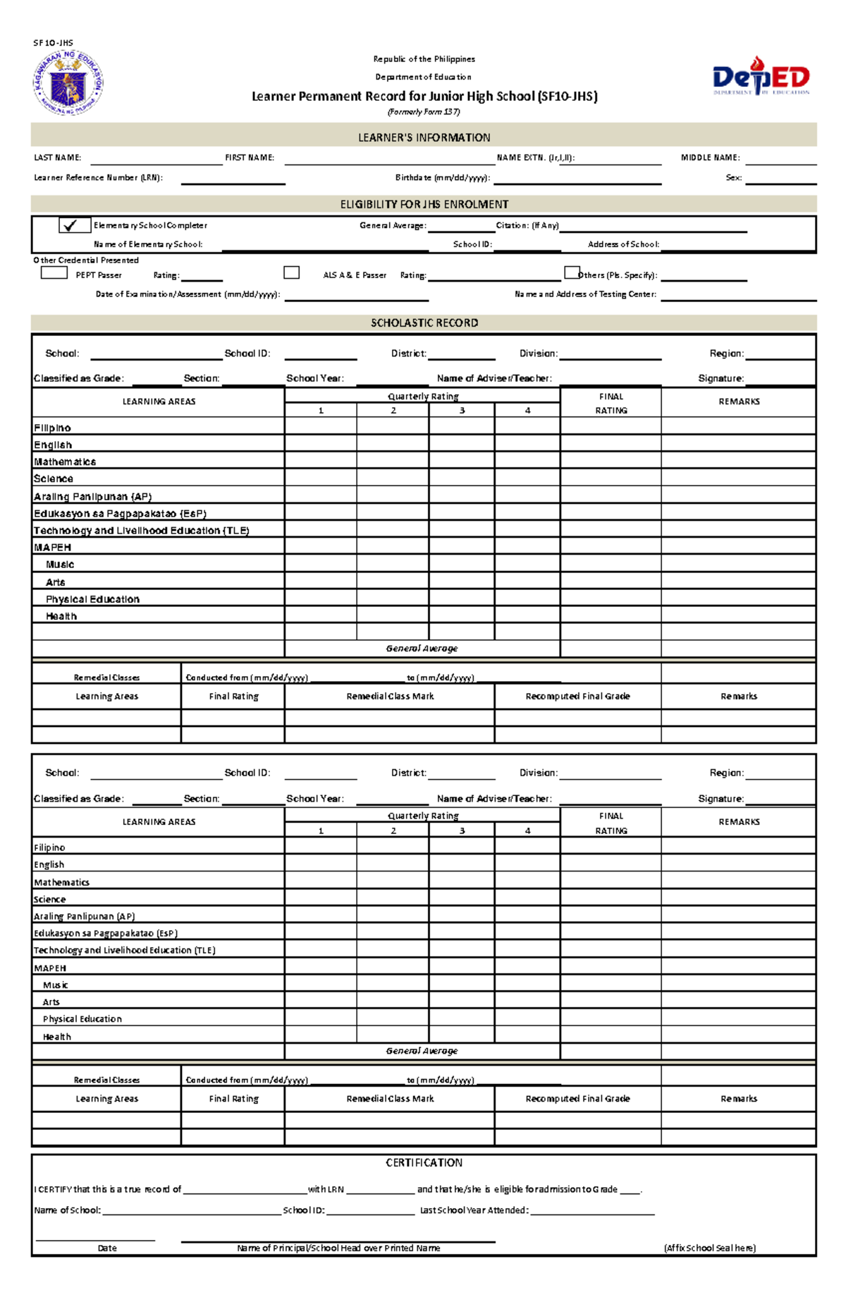 SF10 - Permanent record of learners. - LAST NAME: FIRST NAME: NAME EXTN ...