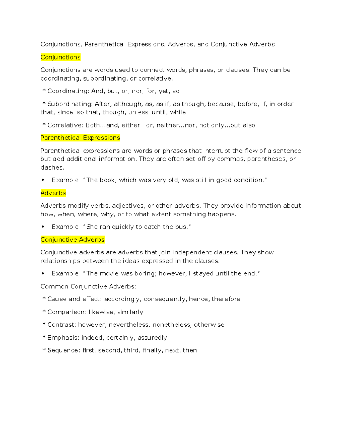 Conjunctive adverbs - Conjunctions, Parenthetical Expressions, Adverbs ...