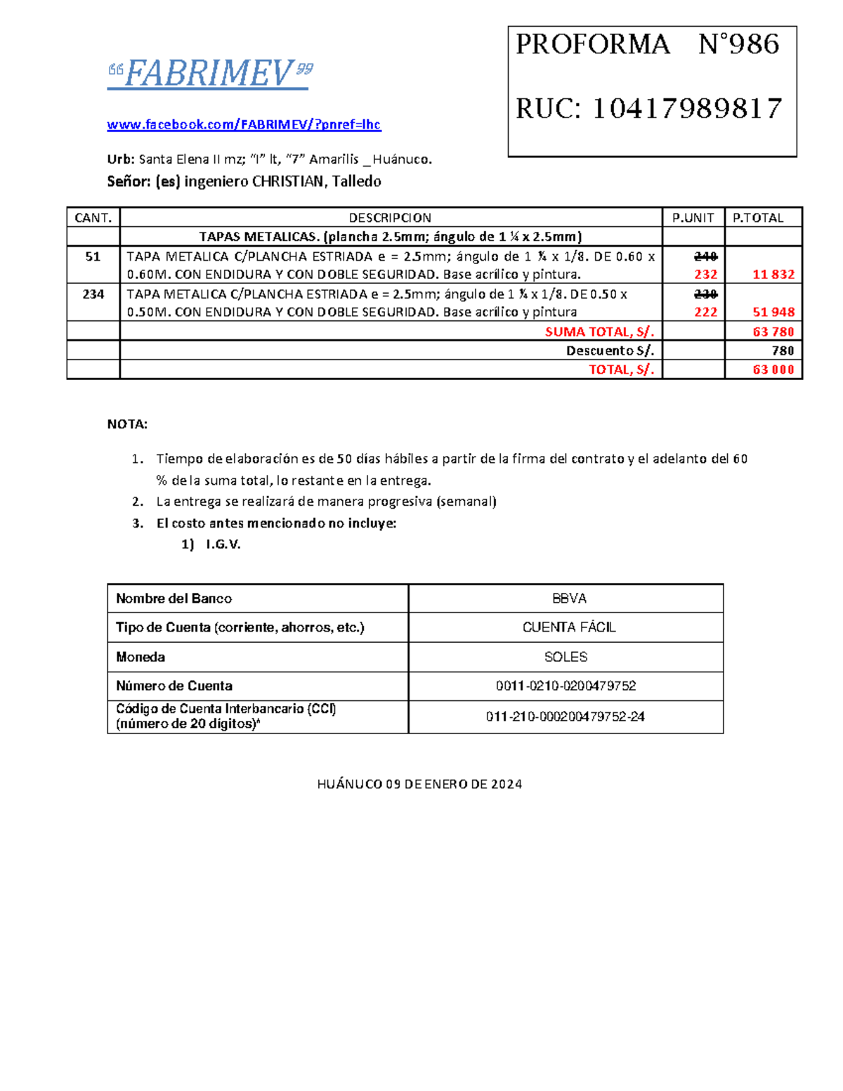 Proforma DE Tapas (pedido adicional, con descuento) DE ING. Christian ...