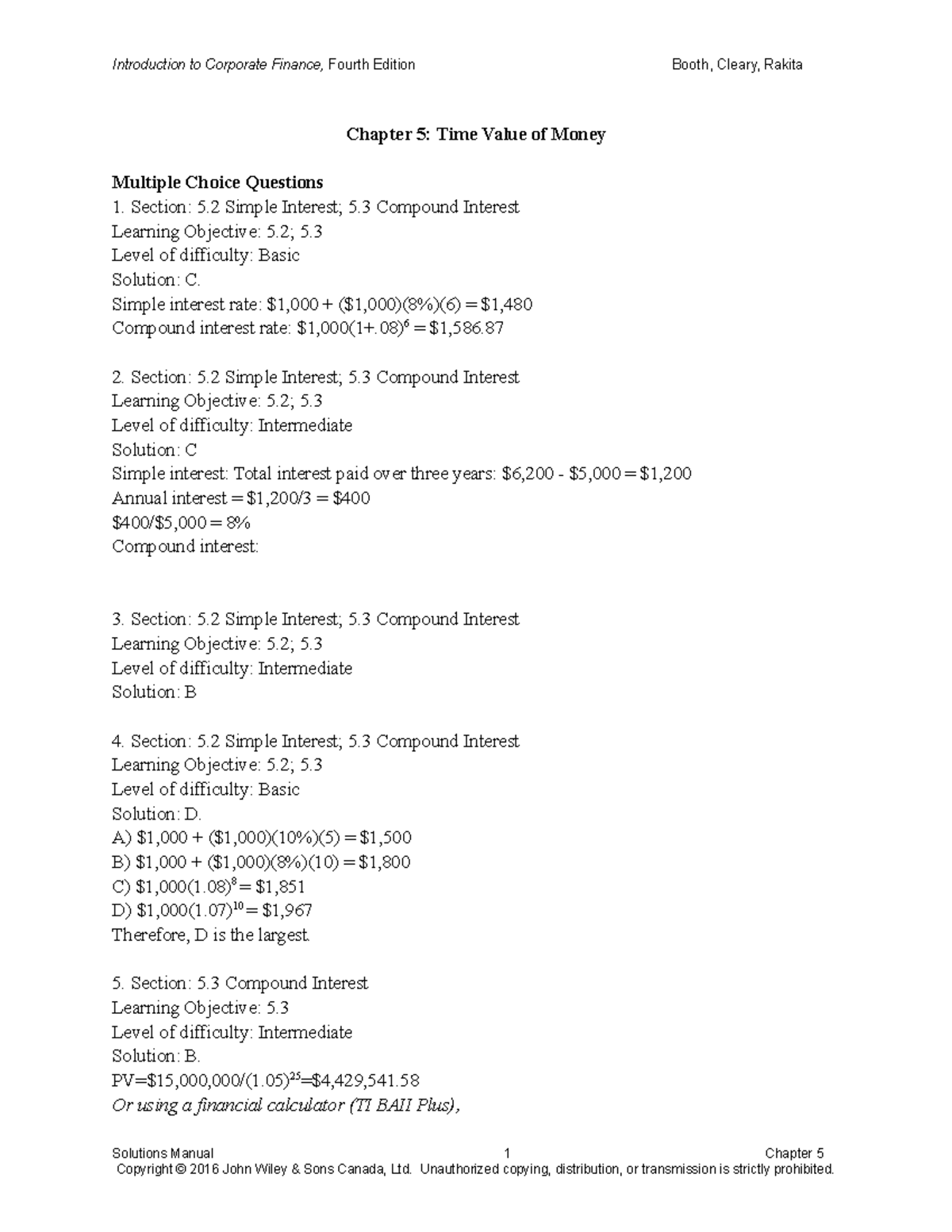 Booth-ch05 - TVM - solutions to EOC problems - Chapter 5: Time Value of Money Multiple Choice ...