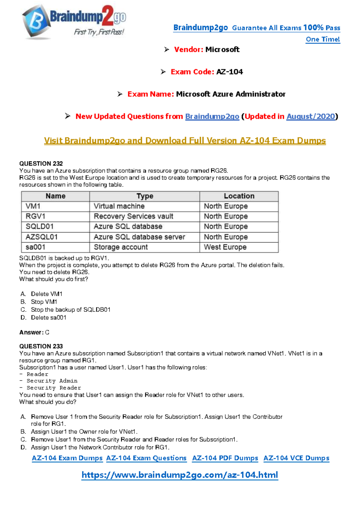 Exam, questions and answers - Braindump2go Guarantee All Exams 100% ...