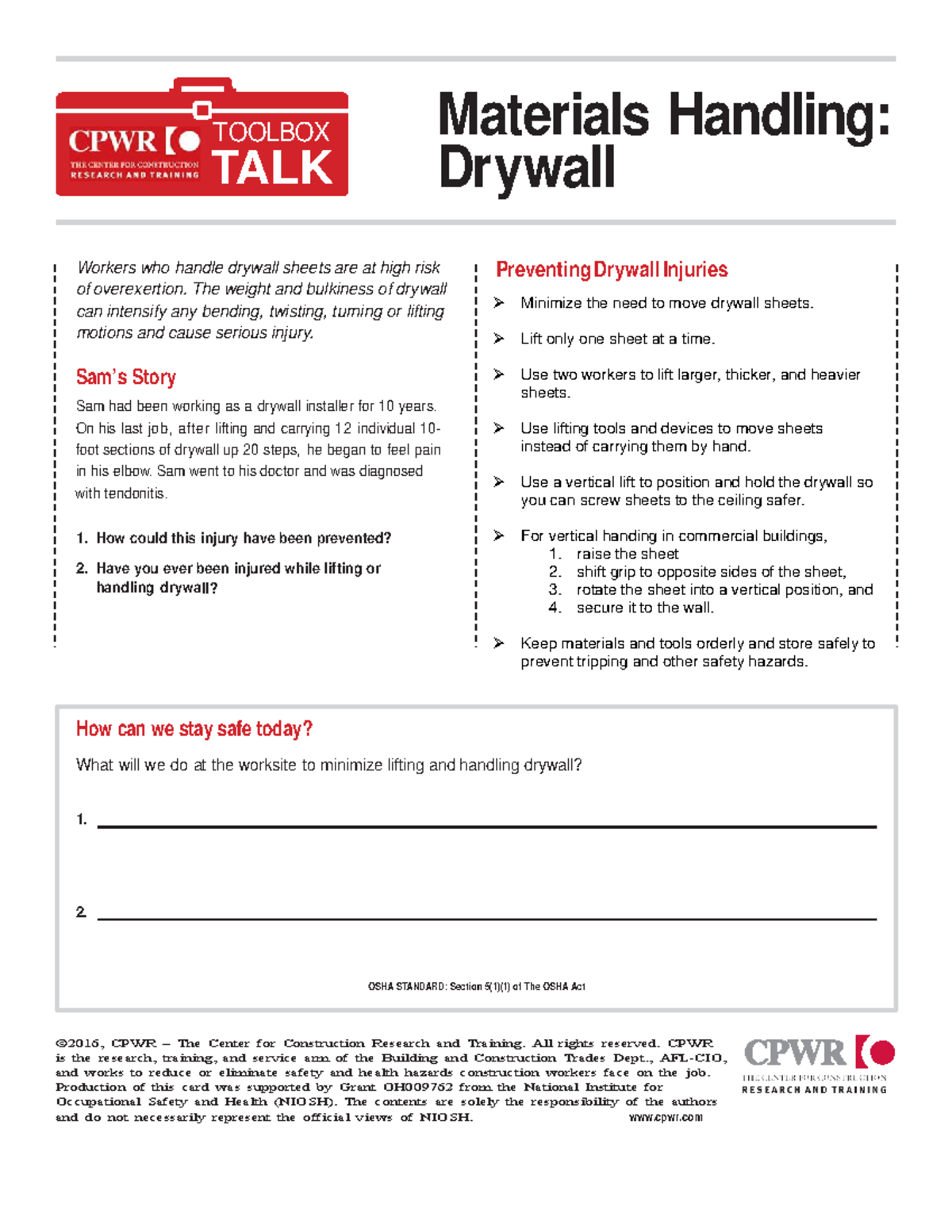 13 Materials Handling Drywall CPWR - TOOLBOX TALK Materials Handling ...