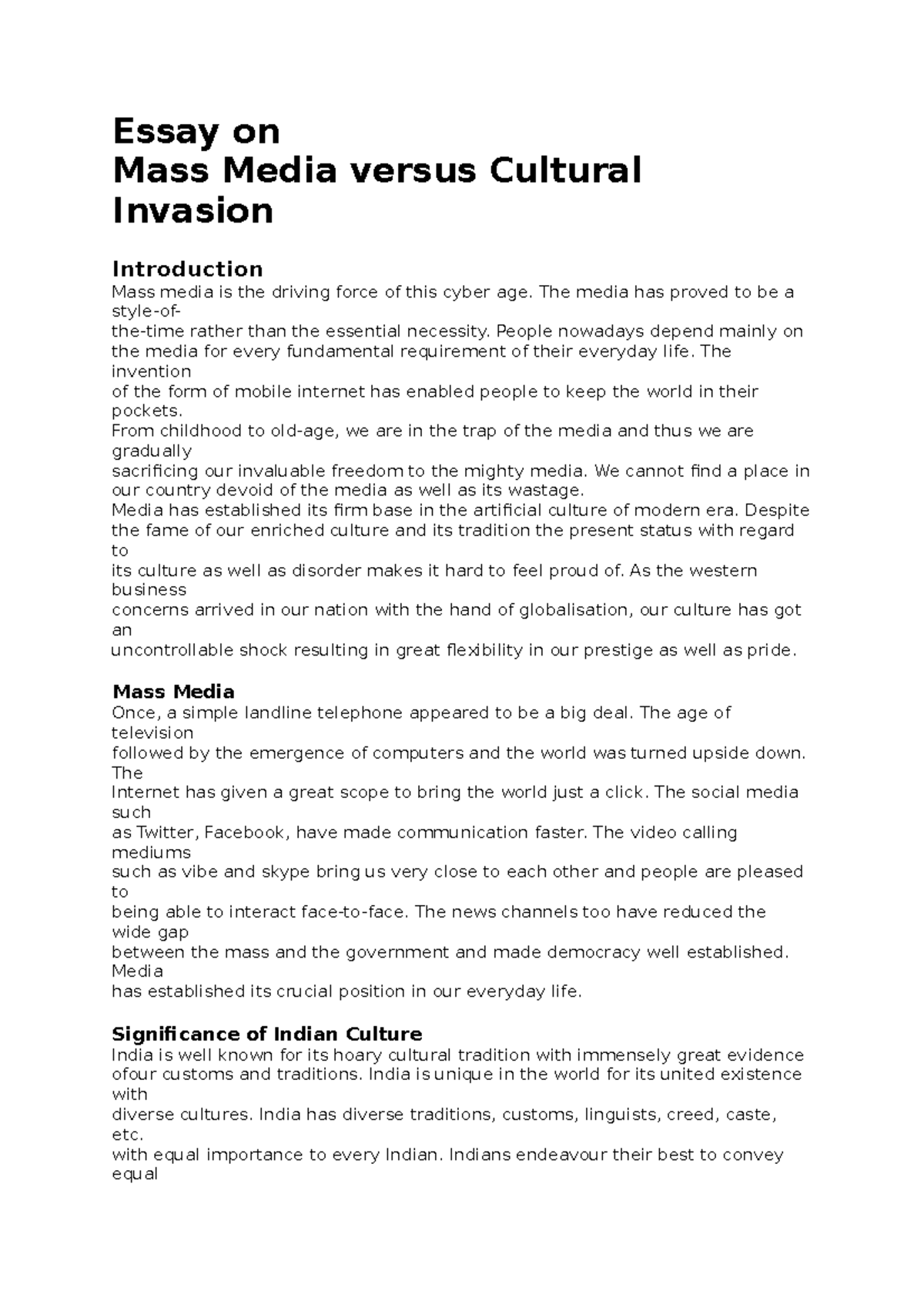 Mass Media versus Cultural Invasion - Essay on Mass Media versus ...