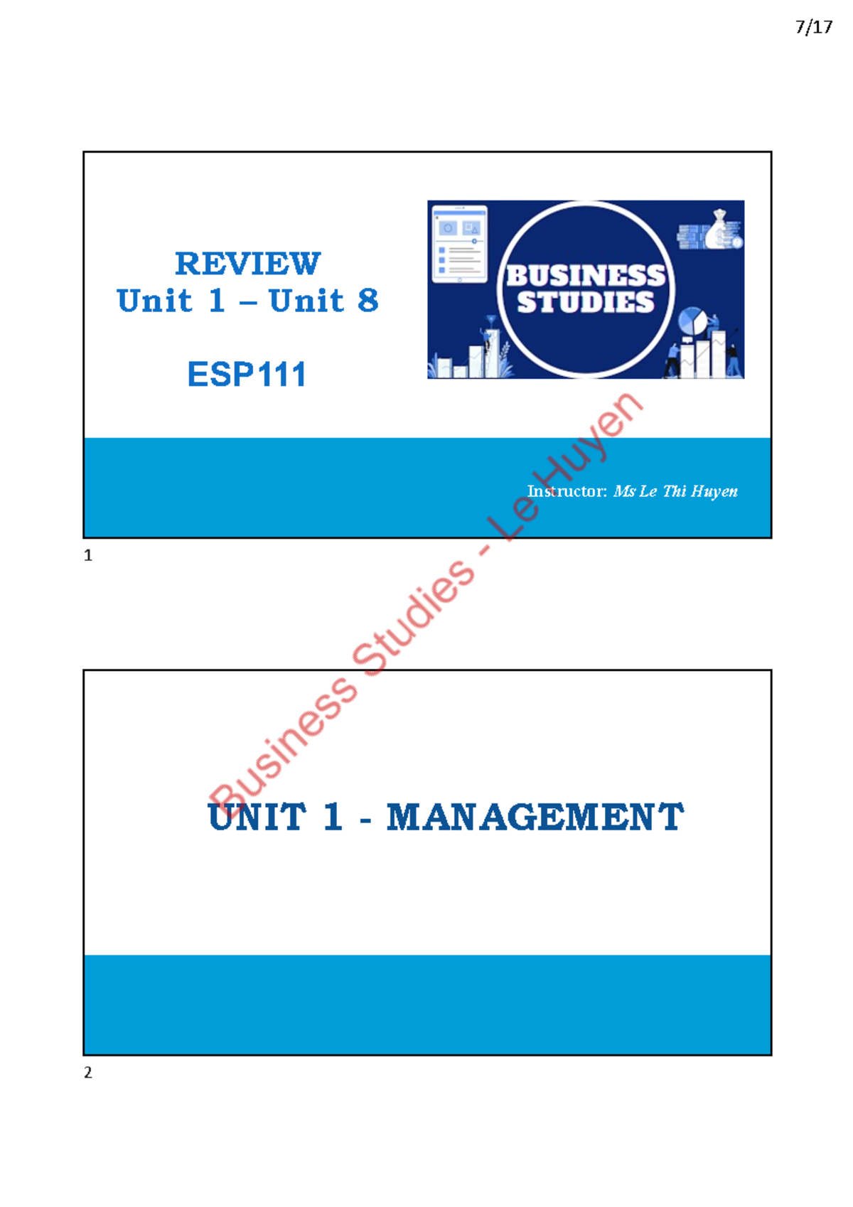 Business Studies U1-U8 17.7.2023 new (orginal) - Instructor: Ms Le Thi Huyen REVIEW Unit 1 ...