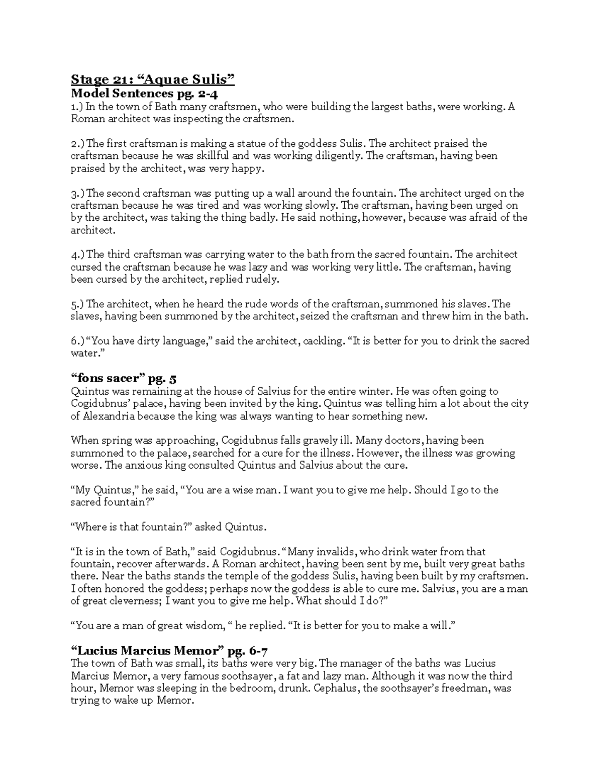 Cambridge Latin Course Stage 21 Translations - Stage 21: “Aquae Sulis ...