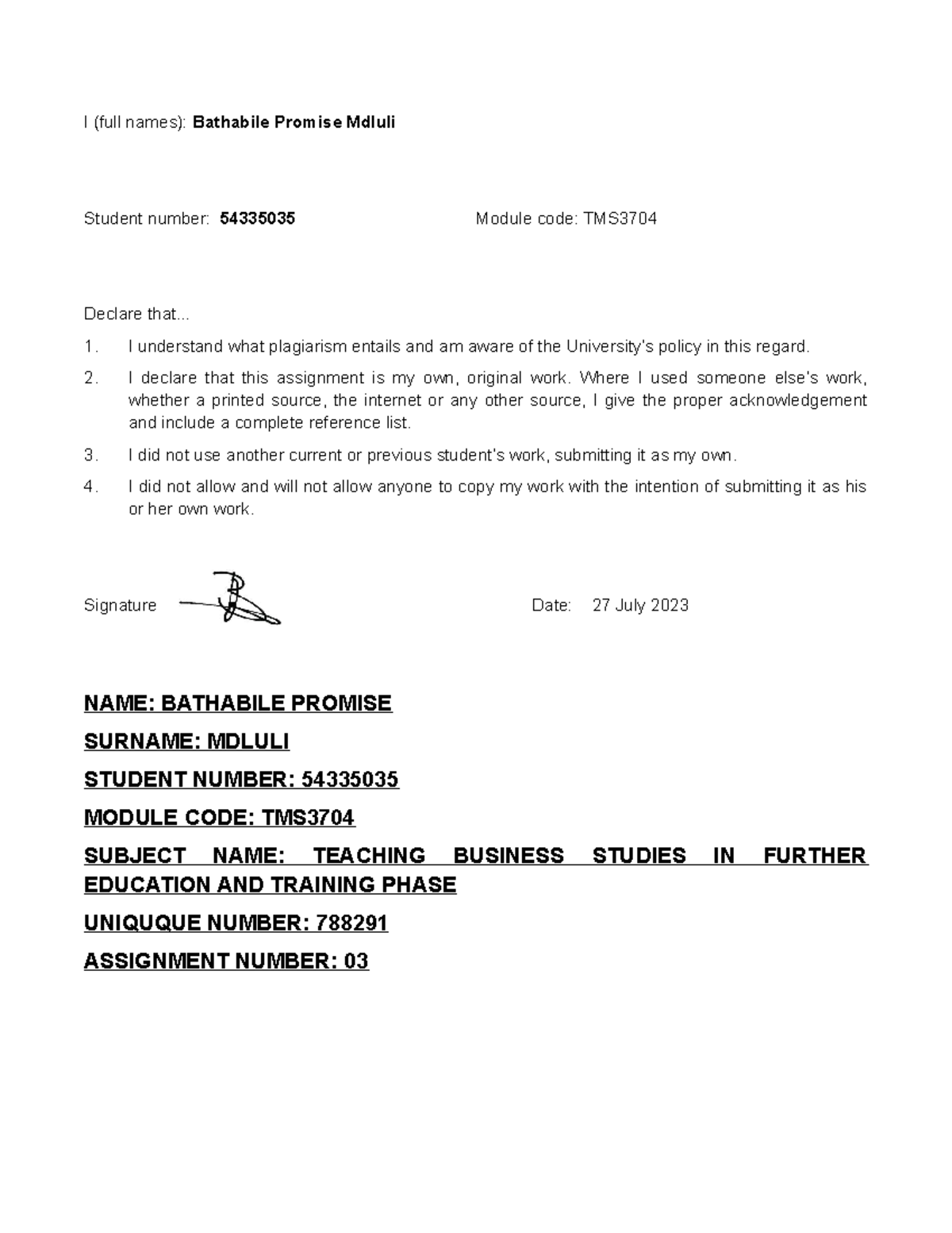 TMS 3704 Assignment 3 - I (full names): Bathabile Promise Mdluli ...